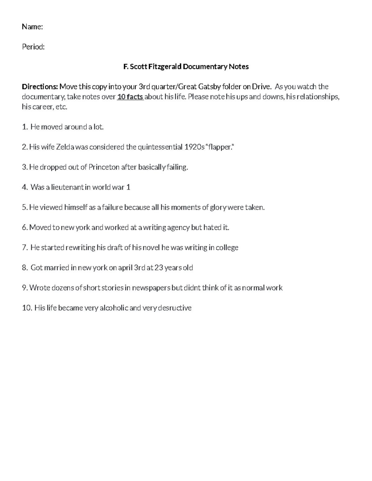 F. Scott Fitzgerald Documentary Notes - Name: Period: F. Scott ...