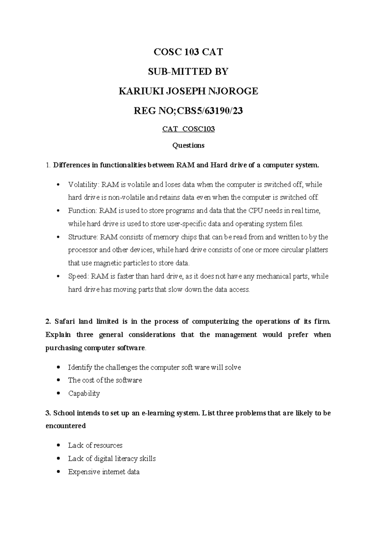 Assignment cosc103 - COSC 103 CAT SUB-MITTED BY KARIUKI JOSEPH NJOROGE REG NO;CBS5/63190/ CAT ...