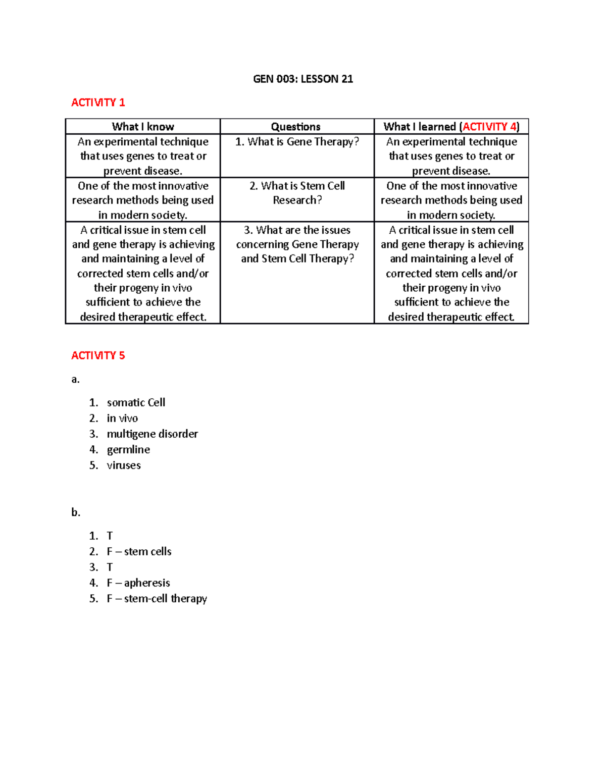 GEN 003 - Lesson 21 - GEN 003: LESSON 21 ACTIVITY 1 What I know ...