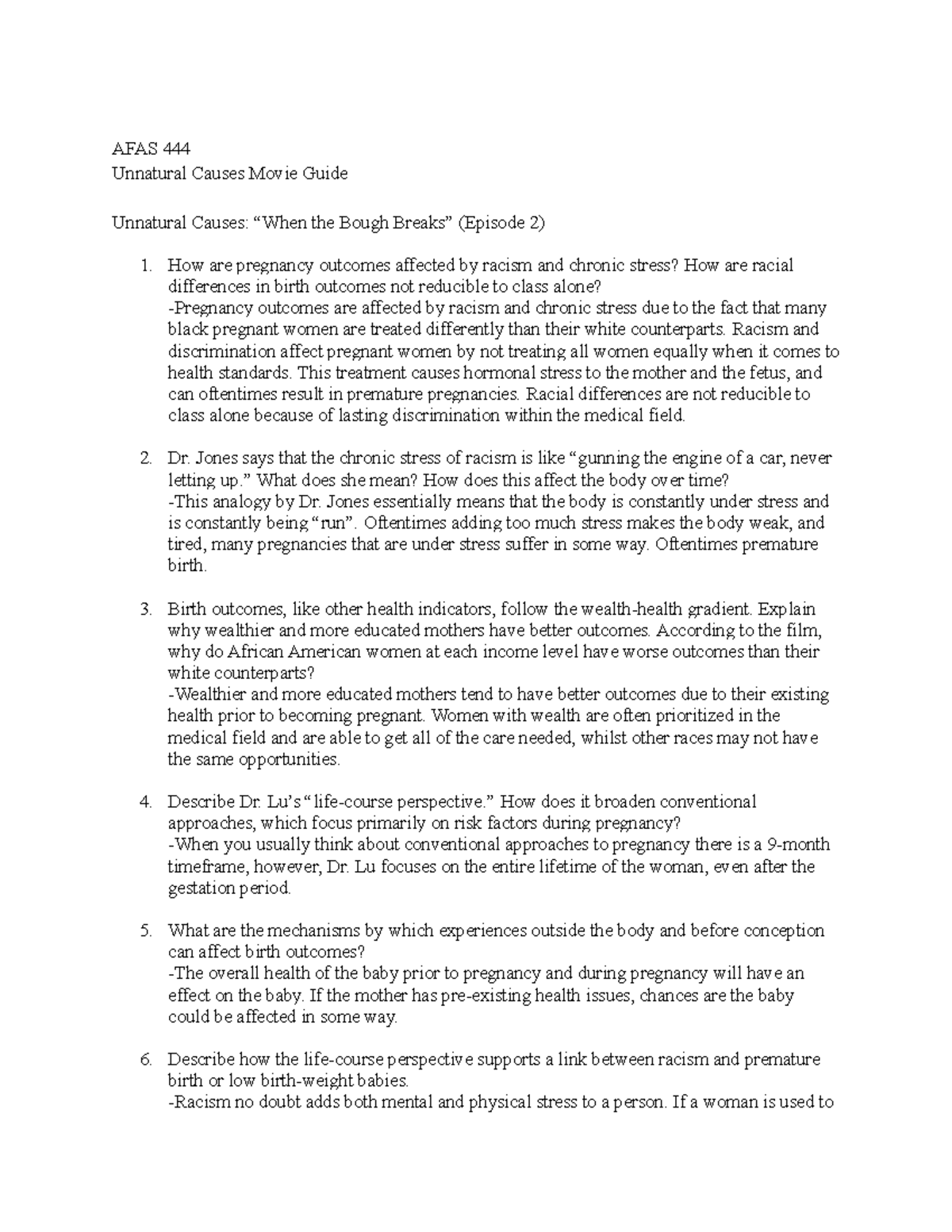 Unnatural Causes - AFAS 444 Unnatural Causes Movie Guide Unnatural ...