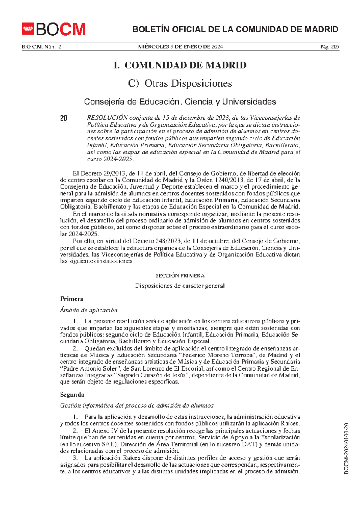 Resolucion Proceso Admision 2024-2025 - B.O.C. Núm. 2 MIÉRCOLES 3 DE ...