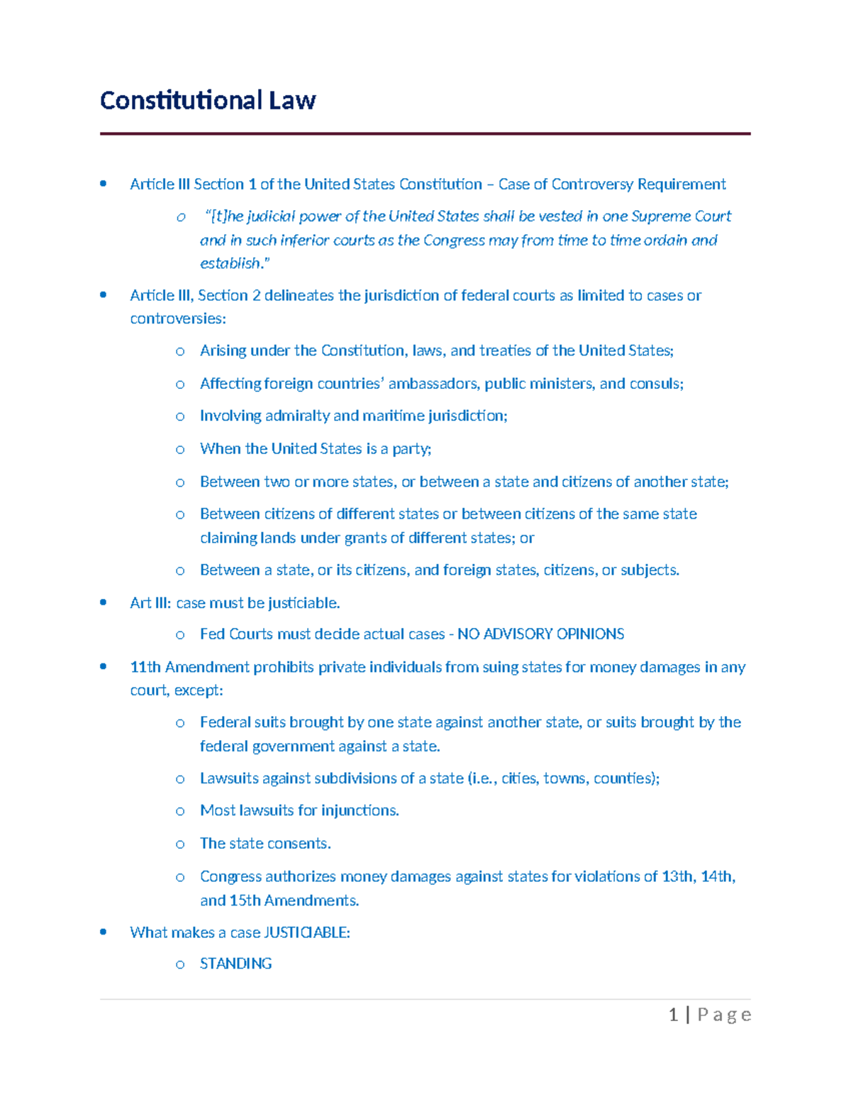 Constitutional Law - Constitutional Law Article III Section 1 of the ...