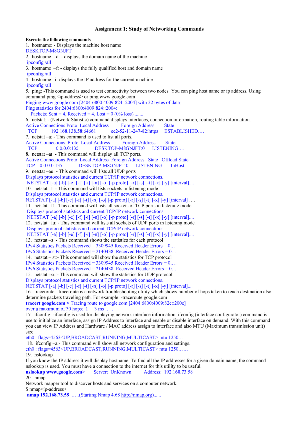CN - 1 Practical (Assignment - 1) - Assignment 1: Study of Networking Commands Execute the ...