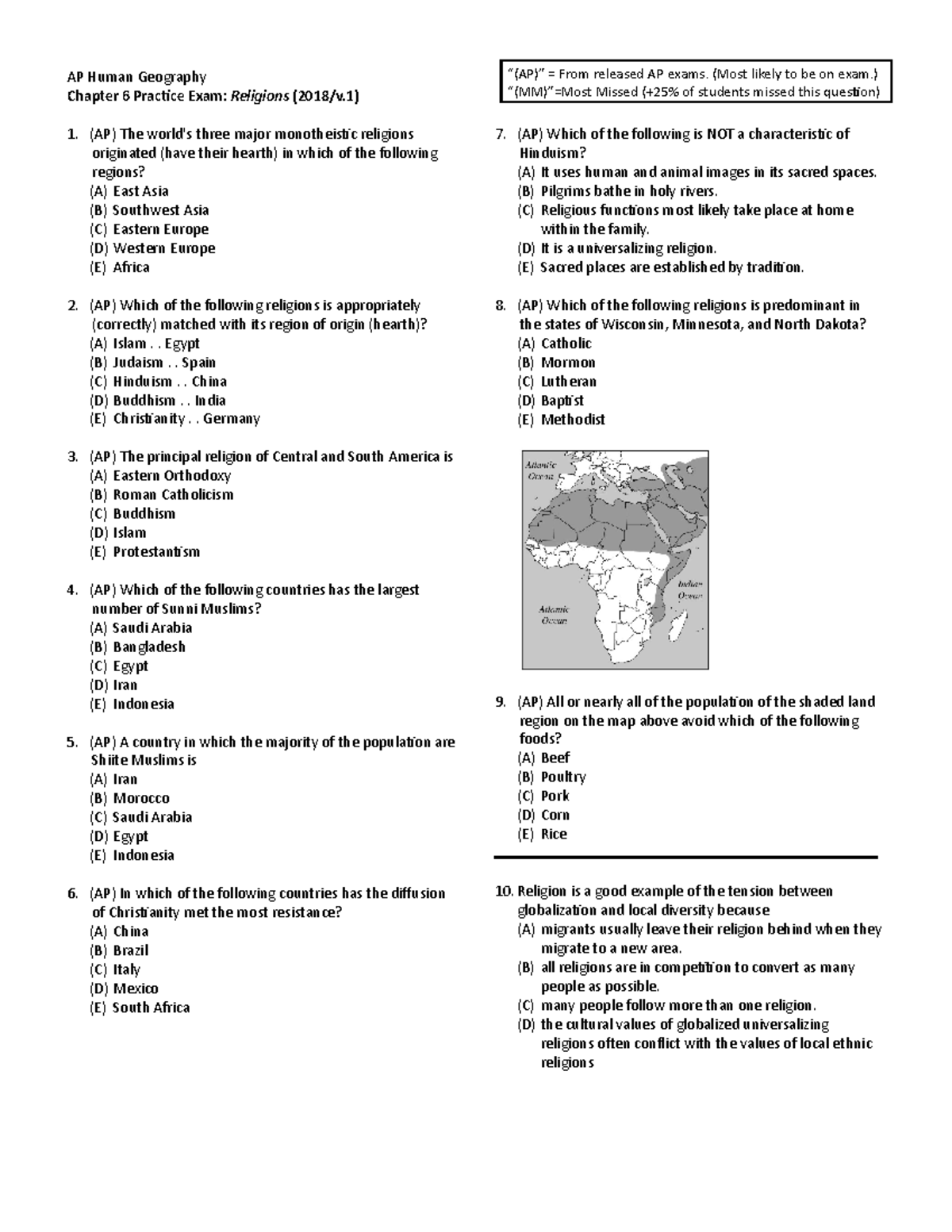 Ch 6 REL Practice EXAM - uh idk - AP Human Geography Chapter 6 Practice ...