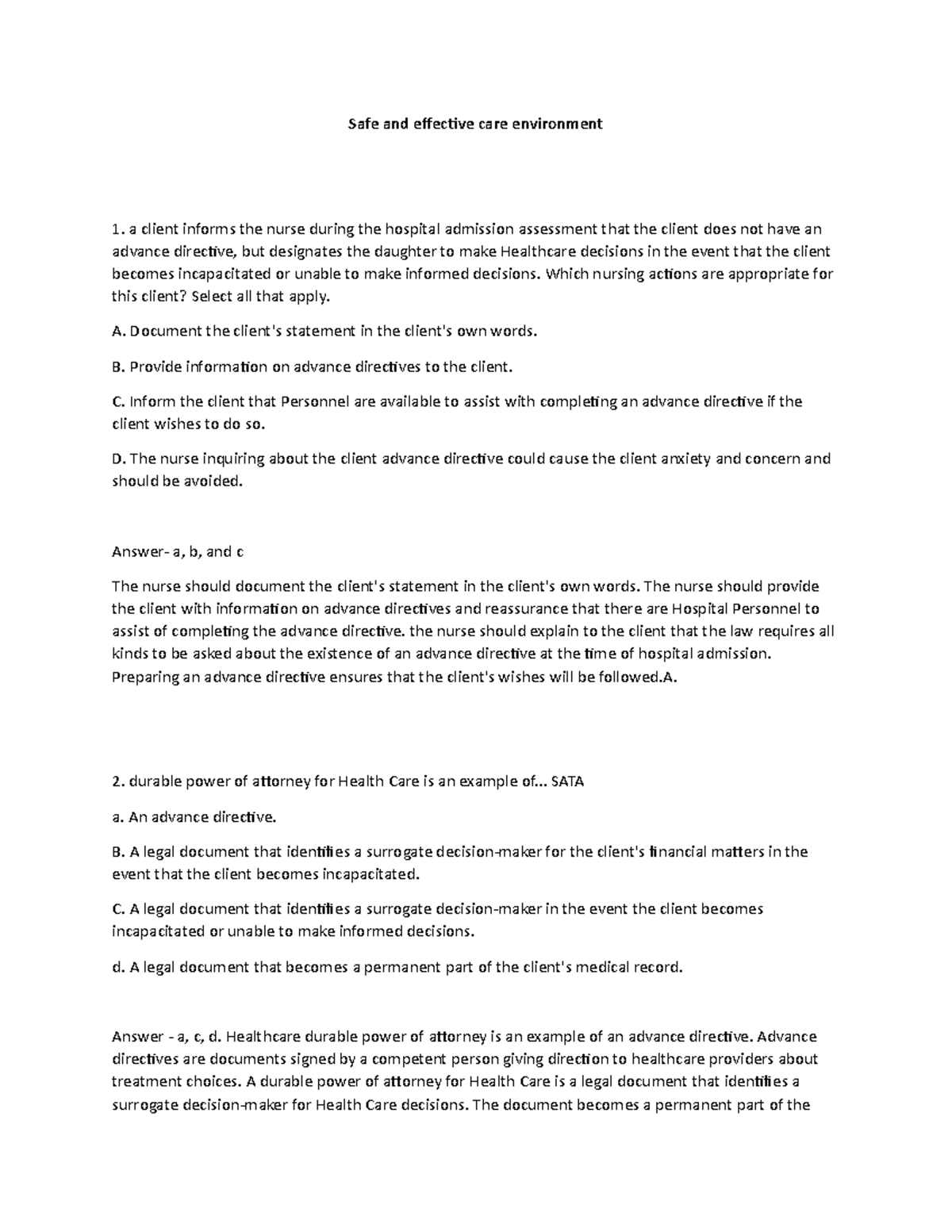 Safe and effective care environment 6 - Which nursing actions are ...