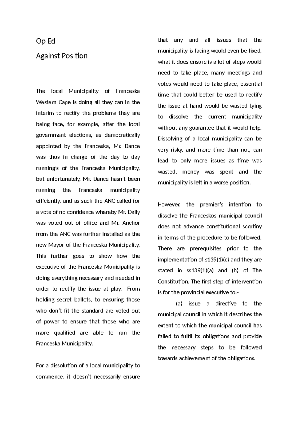 Op Ed - Against - The roles and duties of the NA and NCOP - Op Ed ...