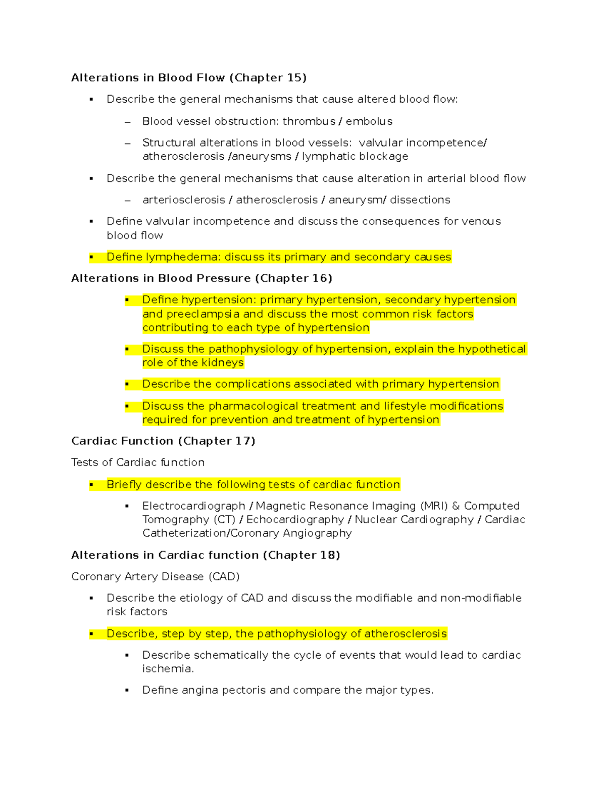 Cardio midterm guide - Alterations in Blood Flow (Chapter 15) Describe ...