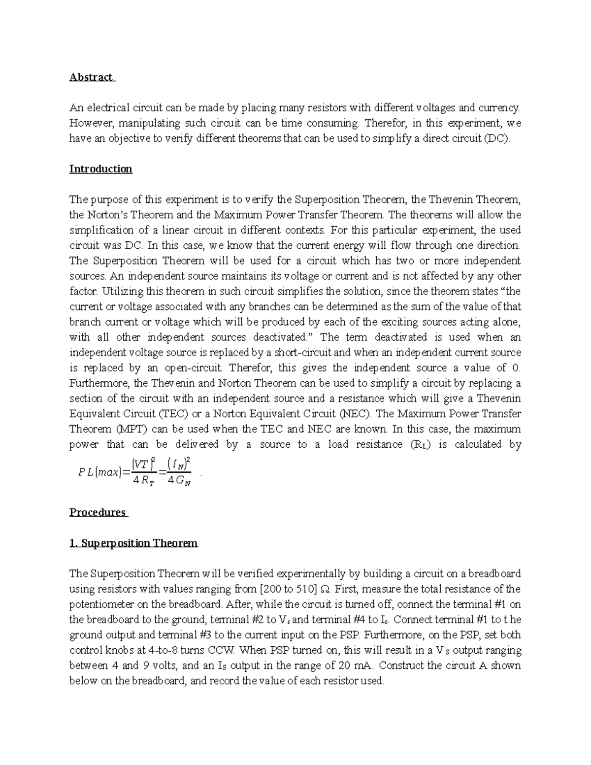 ELEC 273 LAB 2 - Abstract An electrical circuit can be made by placing ...