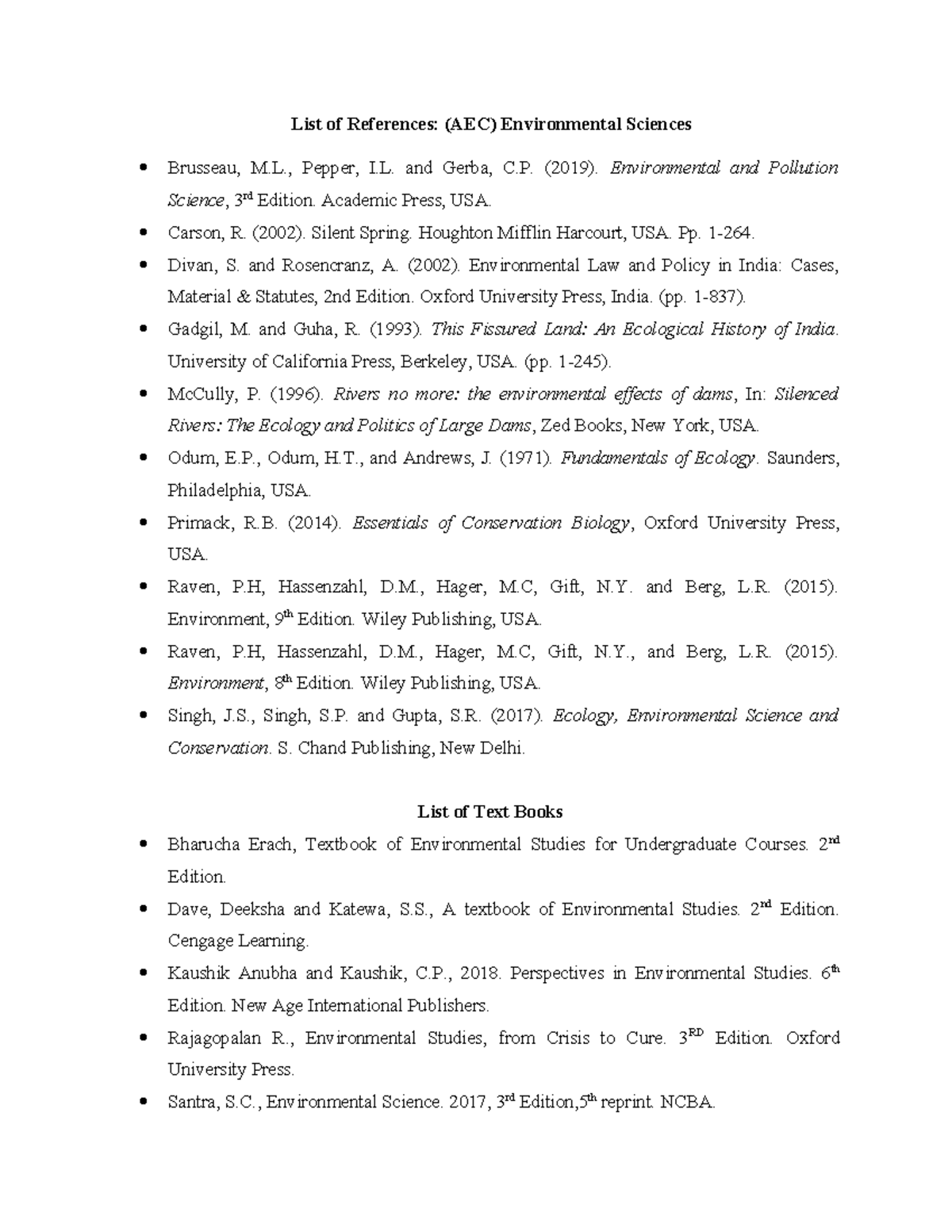 Reading for AEC EVS - List of References: (AEC) Environmental Sciences ...