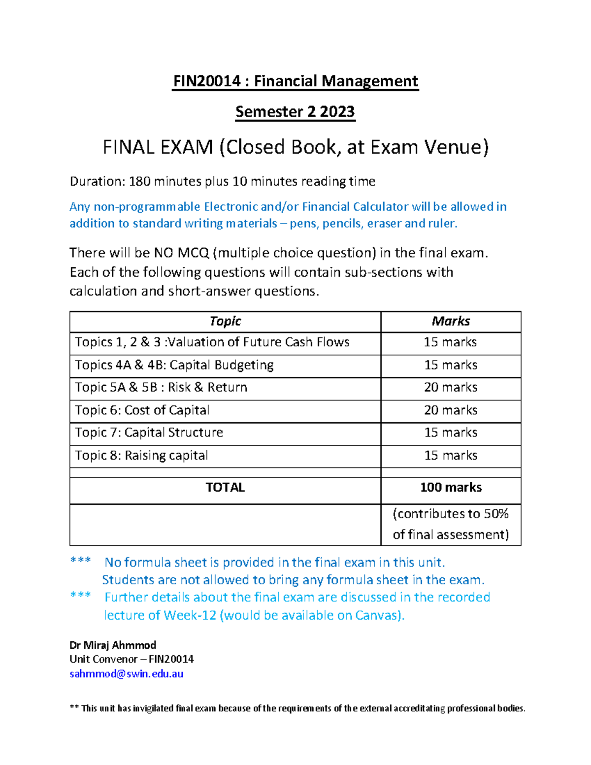 FIN20014 Final Exam Guideline - FIN20014 : Financial Management ...