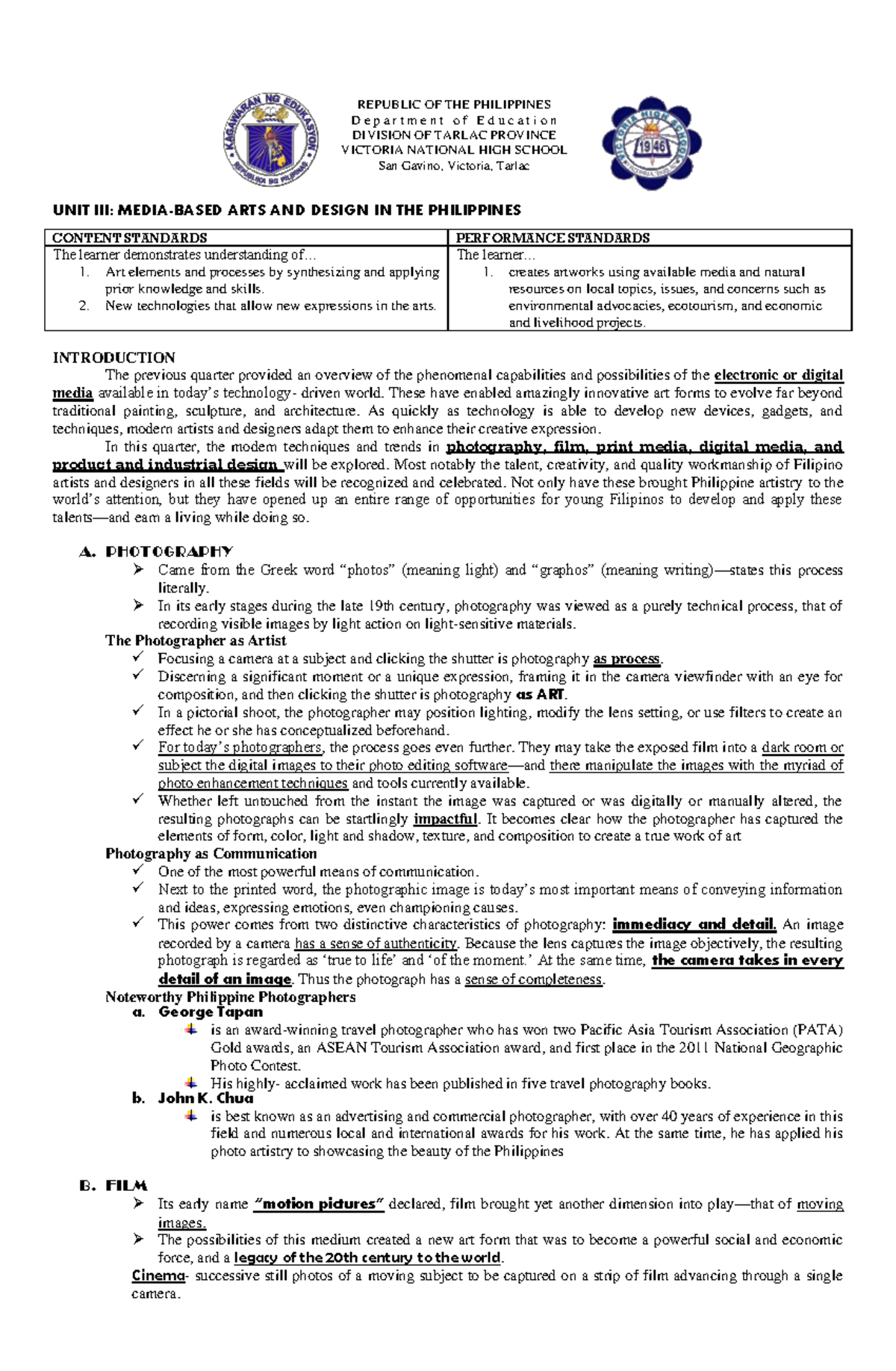 Grade-10-Handouts-ART-3rd-Quarter - UNIT III: MEDIA-BASED ARTS AND DESIGN IN THE PHILIPPINES ...