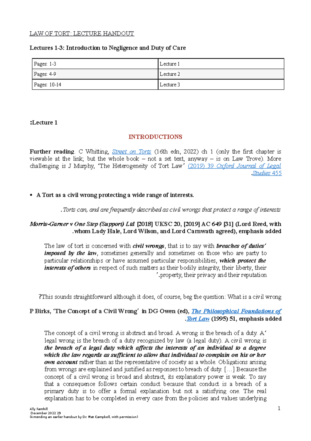 Handout FOR WEEK ONE LAW OF TORT Lectures 1-3 - LAW OF TORT: LECTURE HANDOUT Lectures 1-3: - Studocu