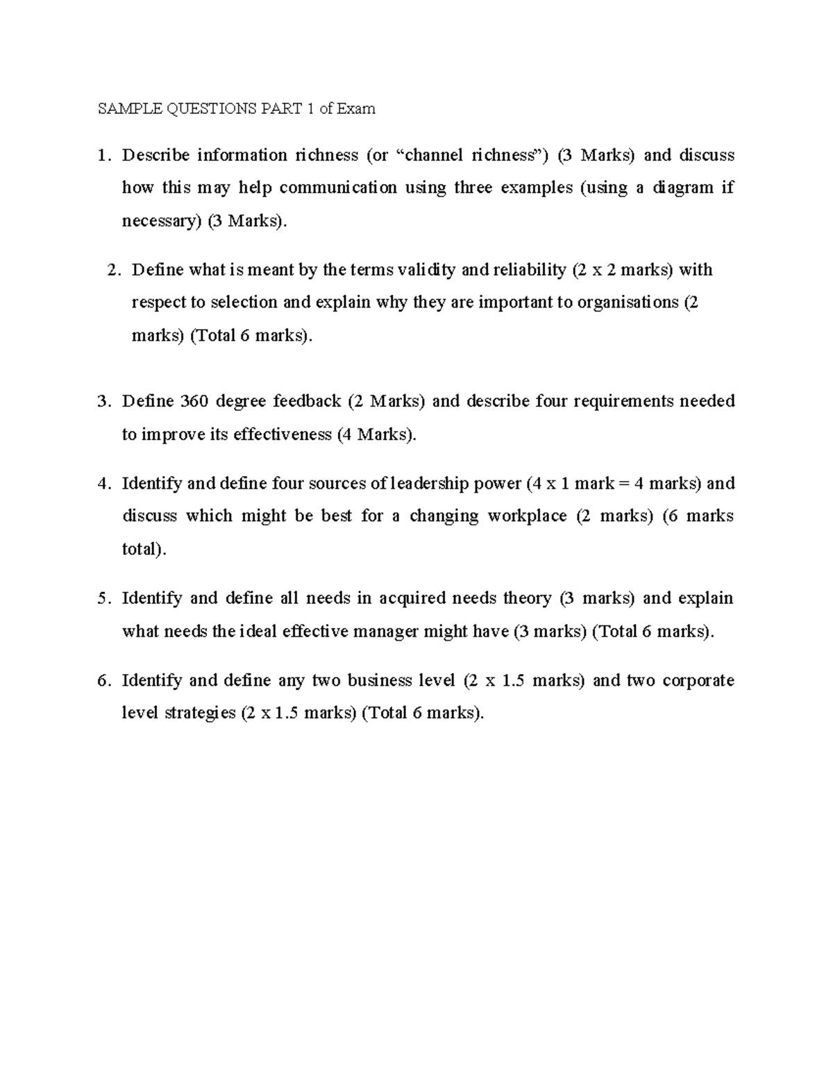 Sample Questions -Section 1 of Exam-Last Class - SAMPLE QUESTIONS PART ...