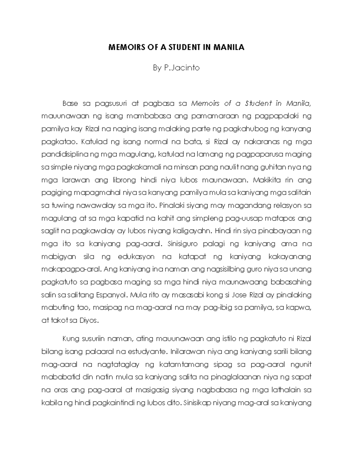 Pagsusuri Memoirs of a Student in Manila - MEMOIRS OF A STUDENT IN ...