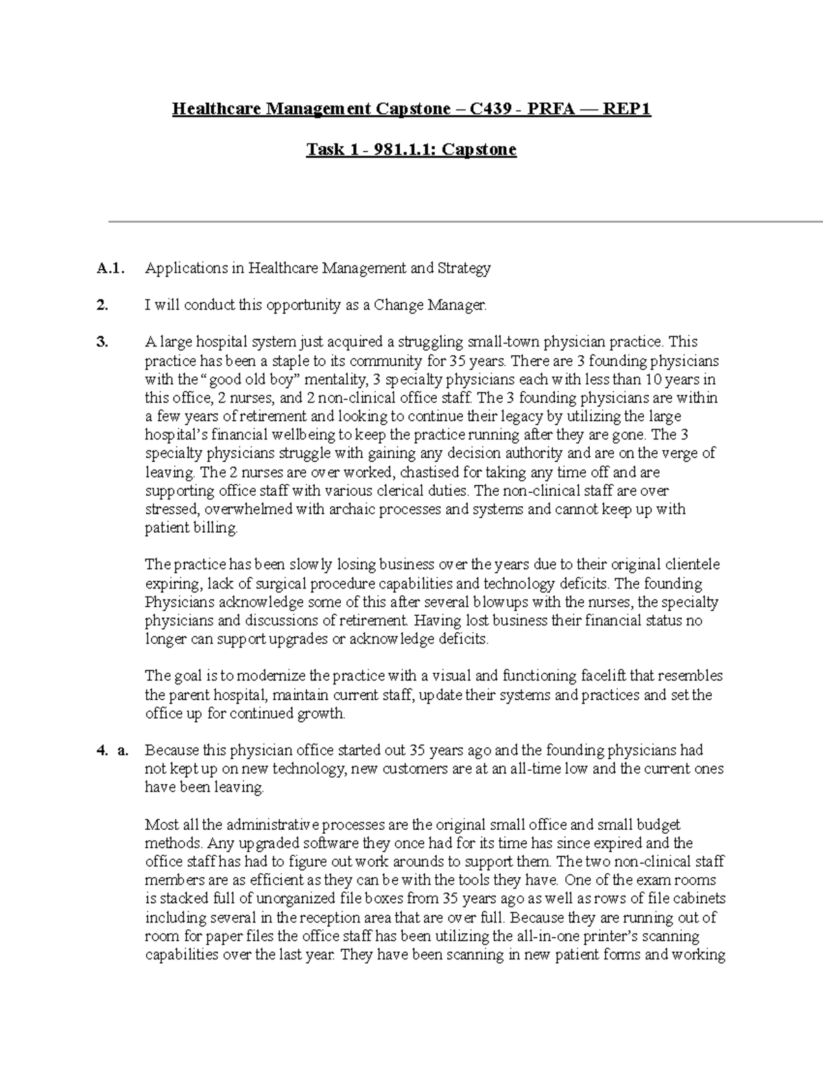 C439 HCM Captstone Task 1 8-2021 - Healthcare Management Capstone ...