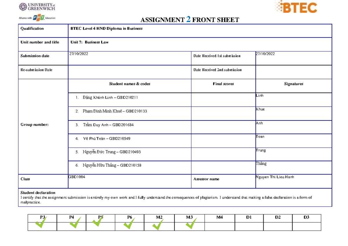 Dang Khanh Linh asm2 736 - ASSIGNMENT 2 FRONT SHEET Qualification BTEC Level 4 HND Diploma in ...