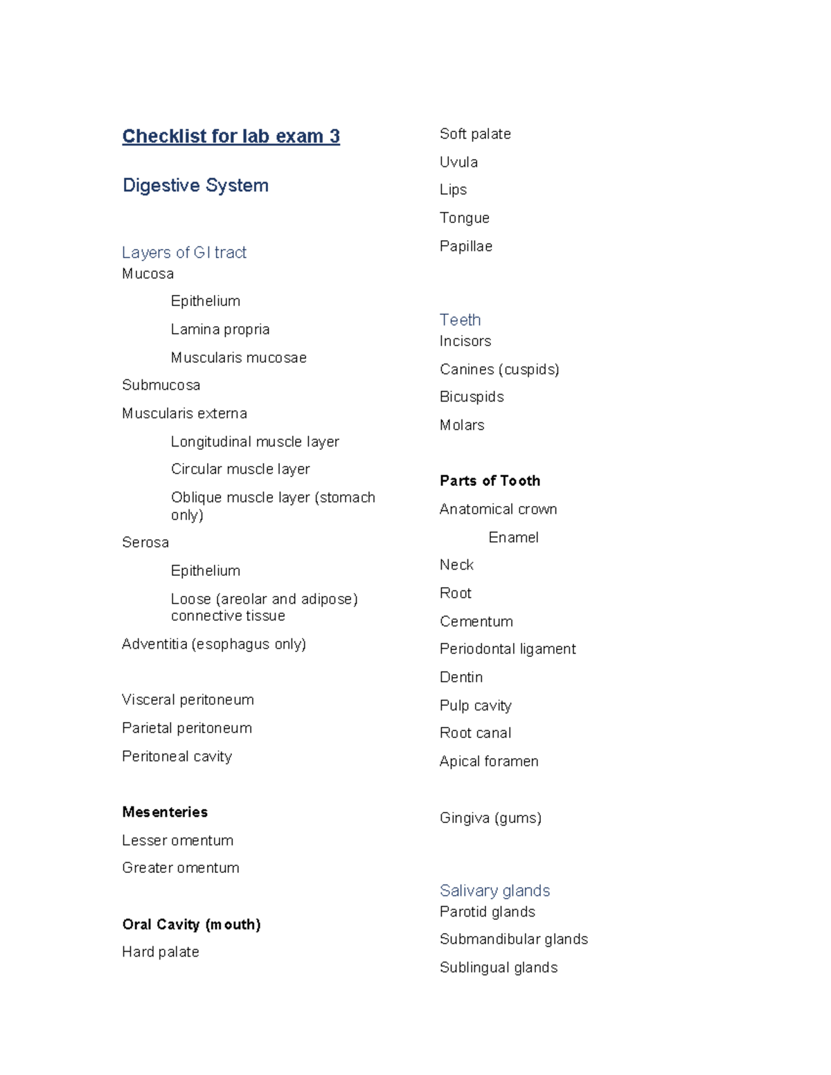 Lab exam 3 checklist - Checklist for lab exam 3 Digestive System Layers ...