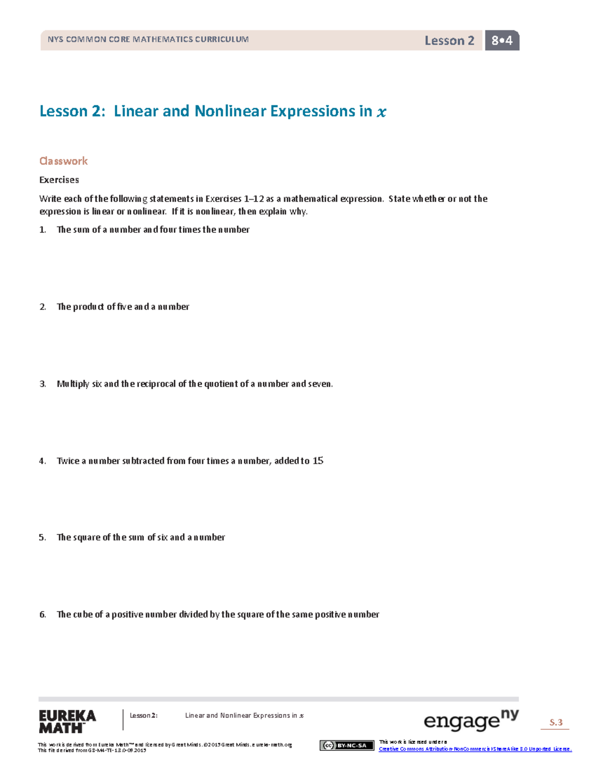 Math g8 m4 topic a lesson 2 student - Lesson 2: Linear and Nonlinear ...