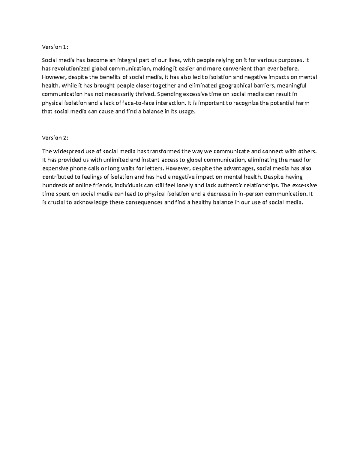 Social Media and Mental Health - Version 1: Social media has become an ...