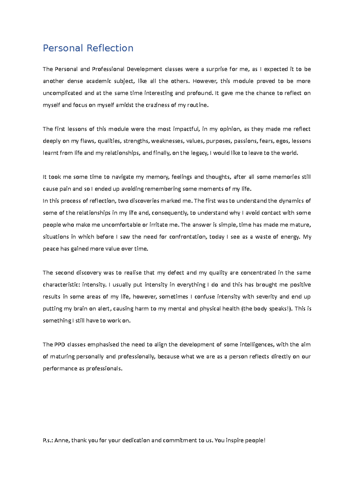 Personal Reflection - Personal Development Portfolio - UCD - Studocu