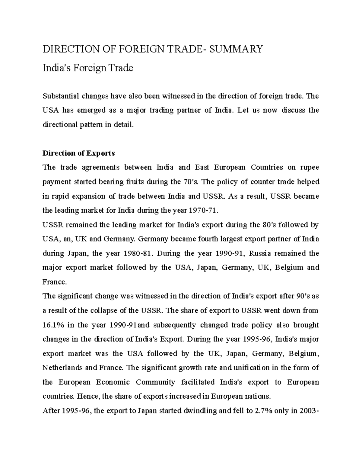Direction of foreign trade - The USA has emerged as a major trading ...