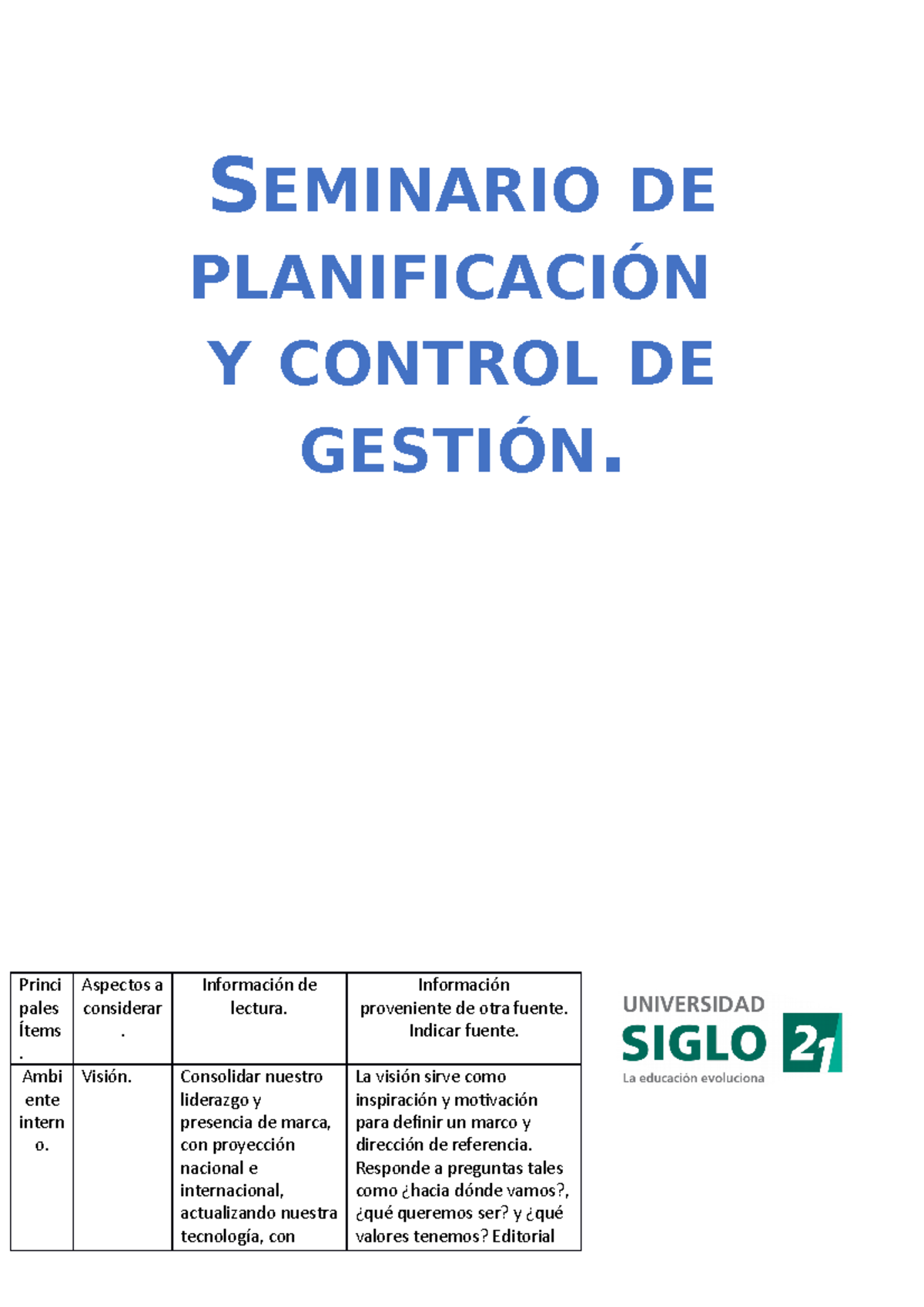 Seminario de Planificacion y Control de Gestion Catedra I - SEMINARIO ...