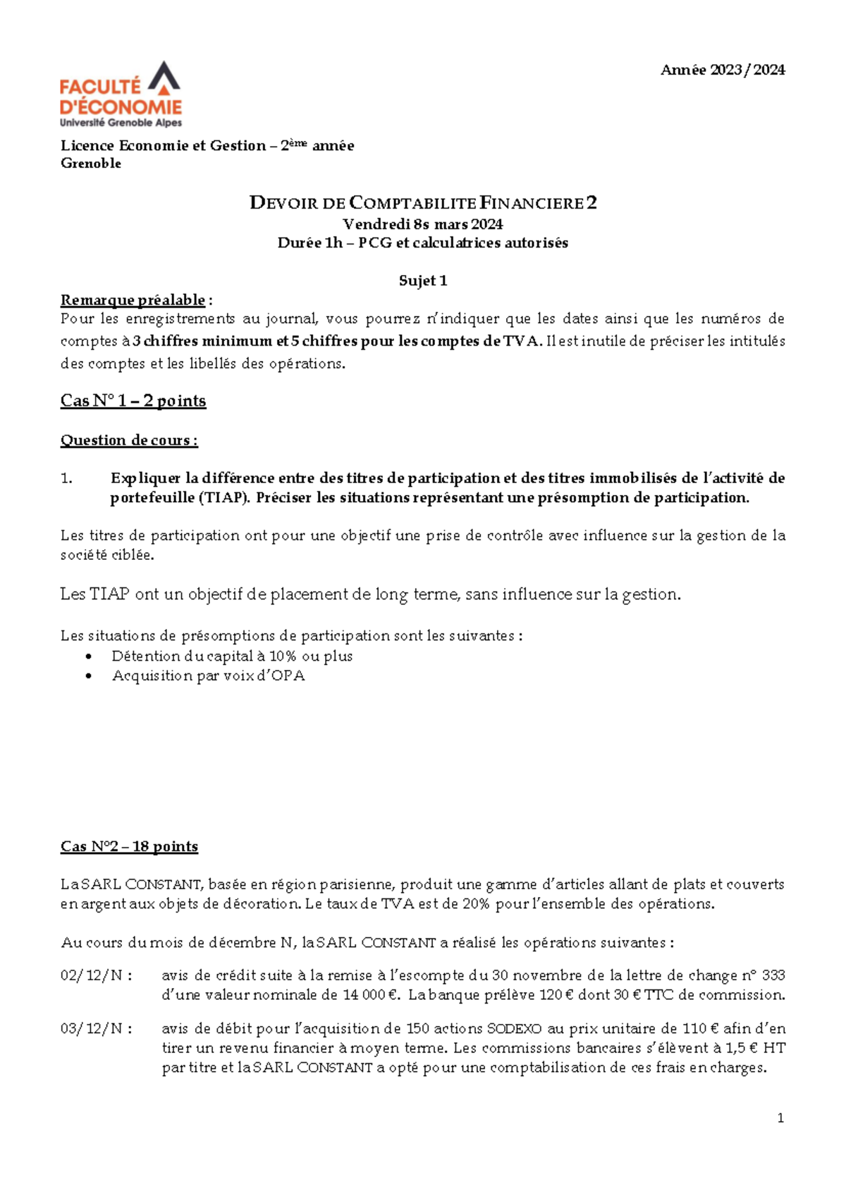 CC1 - sujet 1 - Corrigé - Année 20 23 / 2024 Licence Economie et Gestion – 2 ème année Grenoble ...