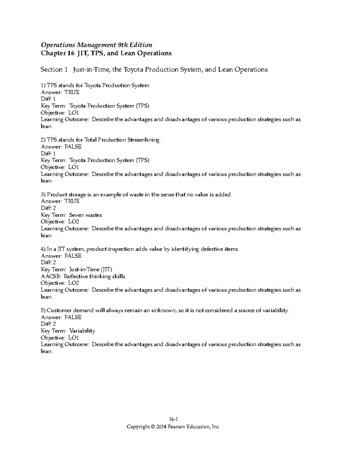 Chapter 16 - Operations Management 9th Edition Chapter 16 JIT, TPS, and ...