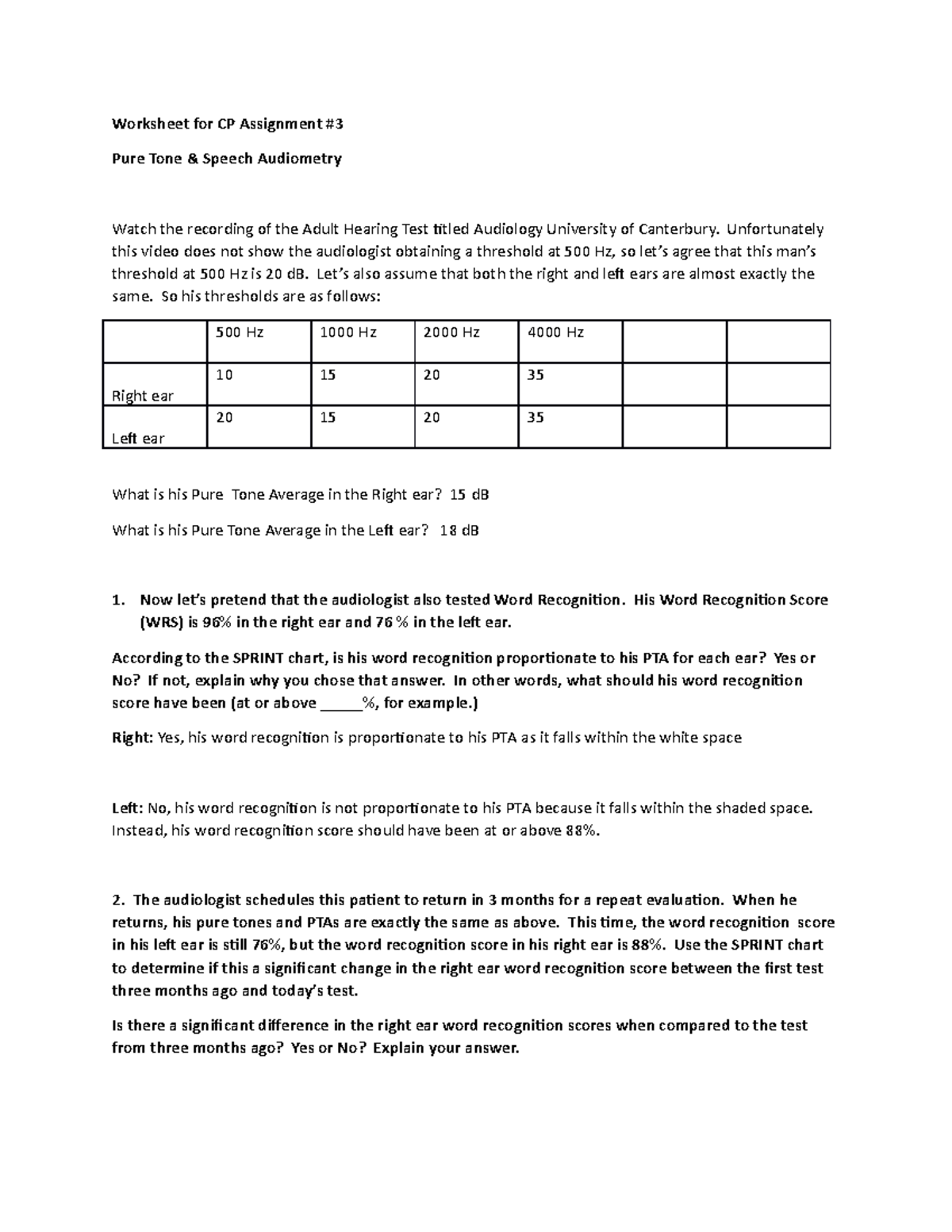 Worksheet for CP Assignment #3-1 - Worksheet for CP Assignment # Pure Tone & Speech Audiometry ...