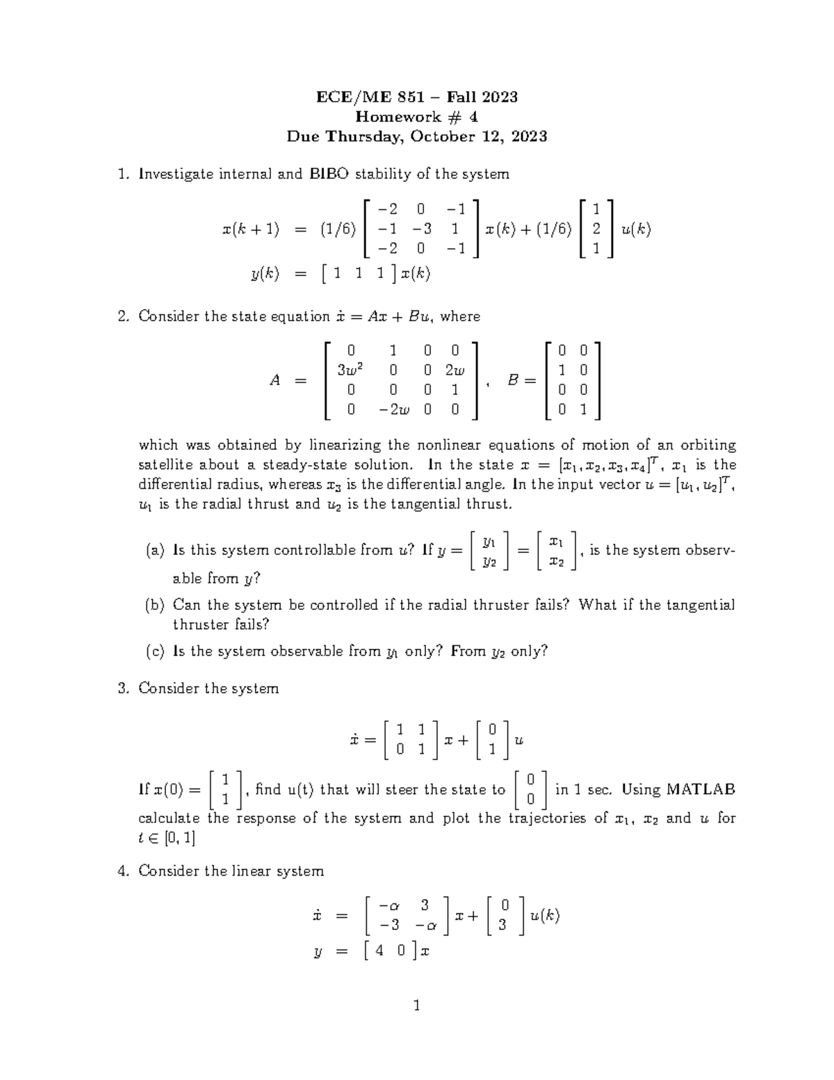 HW4 - homework solution - ECE/ME 851 – Fall 2023 Homework # 4 Due Thursday, October 12, 2023 ...