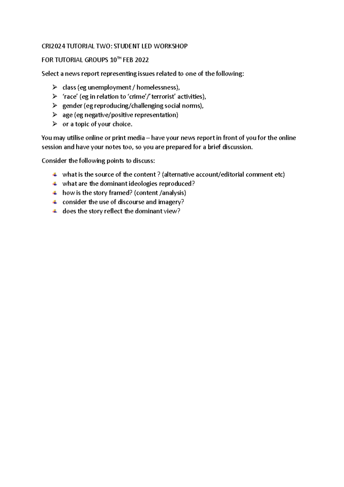 CRI2024 Tutorial TWO QS - CRI2024 TUTORIAL TWO: STUDENT LED WORKSHOP FOR TUTORIAL GROUPS 10TH ...