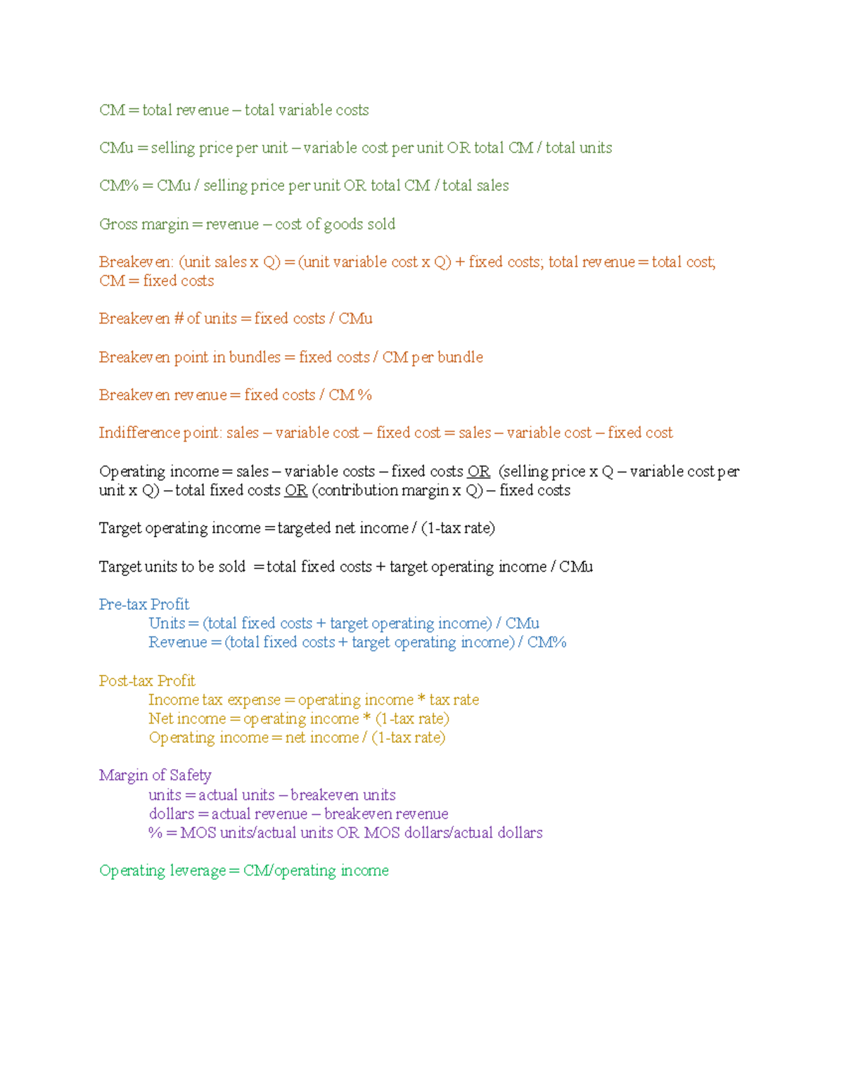 Formula Sheet for ACCT2211 - CM = total revenue – total variable costs ...