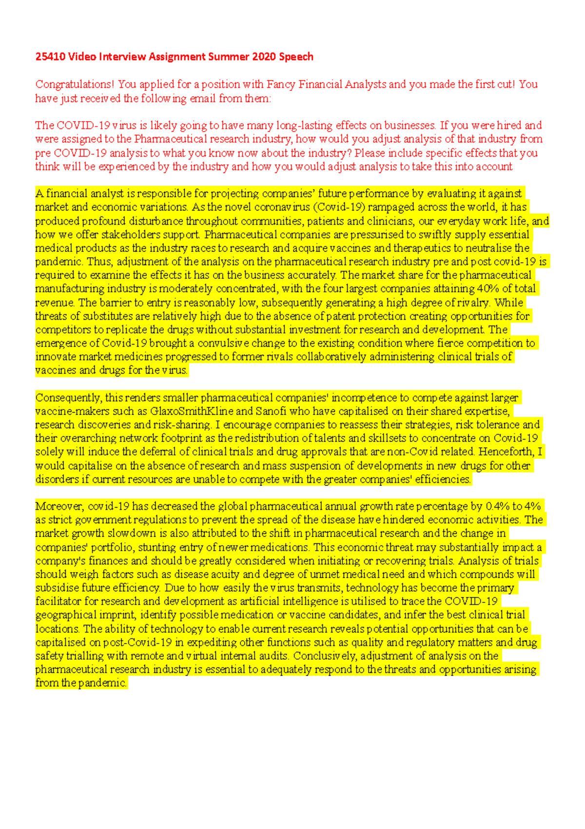 25410 Video Interview Assignment Summer 2020 Speech - 25410 Video ...