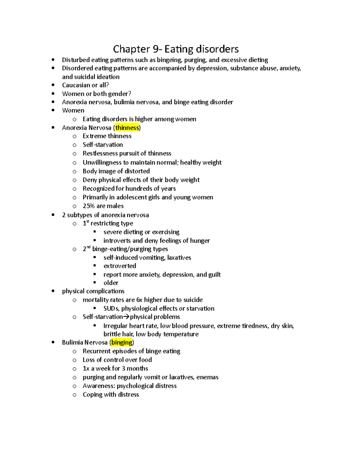 Chapter 9 & 10 - Prof. Moreno - Chapter 9- Eating disorders Disturbed ...