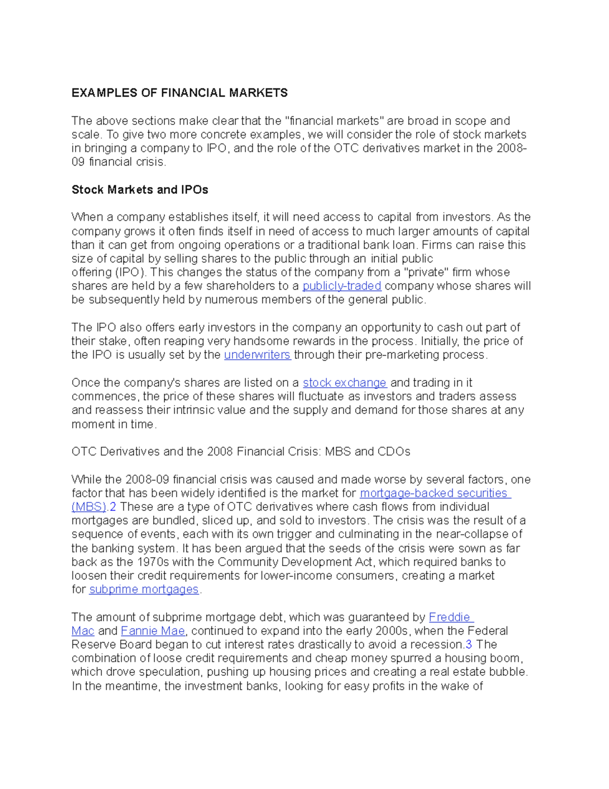 Examples OF Financial Markets - EXAMPLES OF FINANCIAL MARKETS The above ...