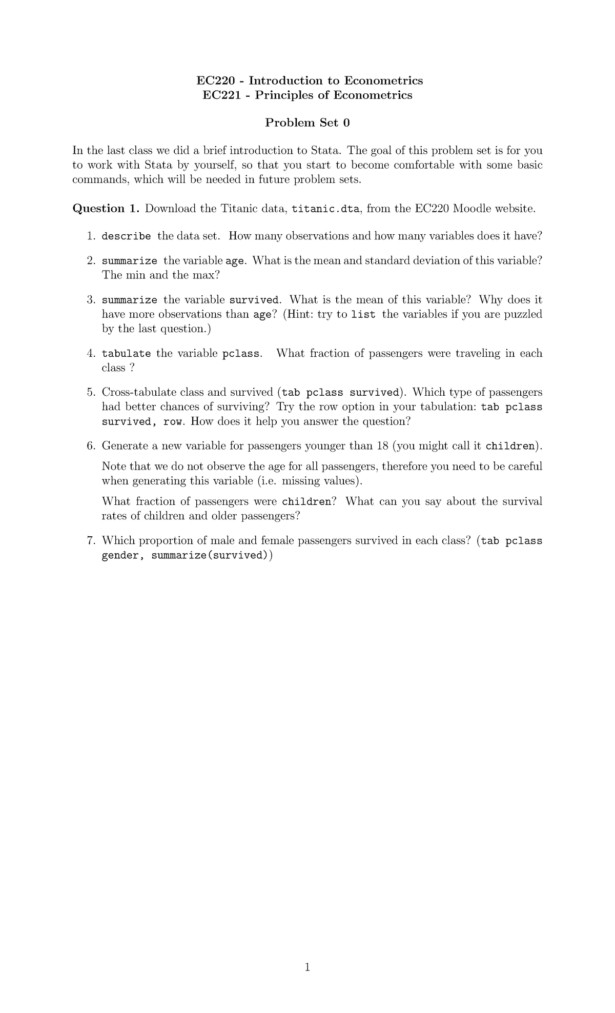 EC220 ps0-week3 - Problem set 0 - EC220 - Introduction to Econometrics EC221 - Principles of ...