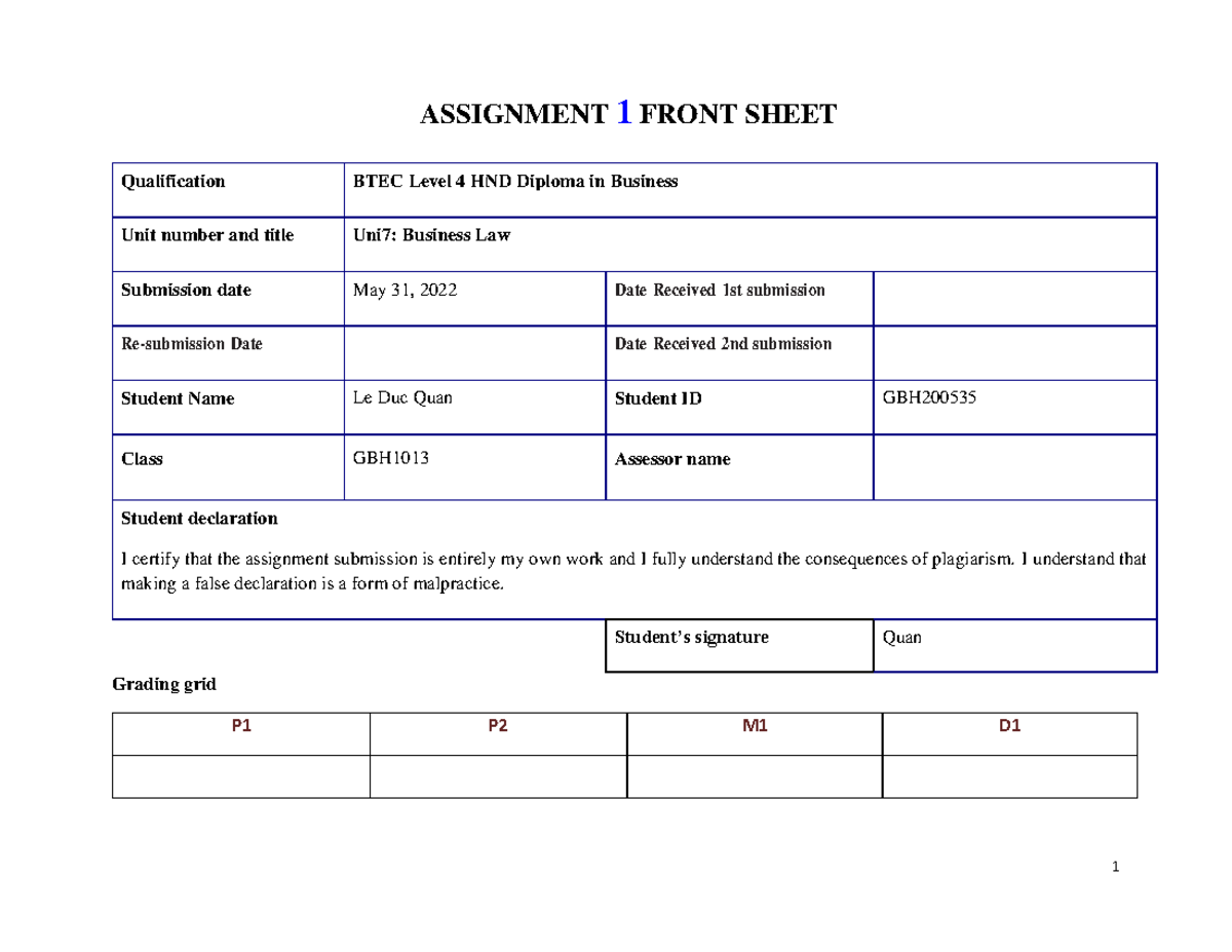 1.(736)- Frontsheet 1-Assignment 1-01319 - ASSIGNMENT 1 FRONT SHEET Qualification BTEC Level 4 ...