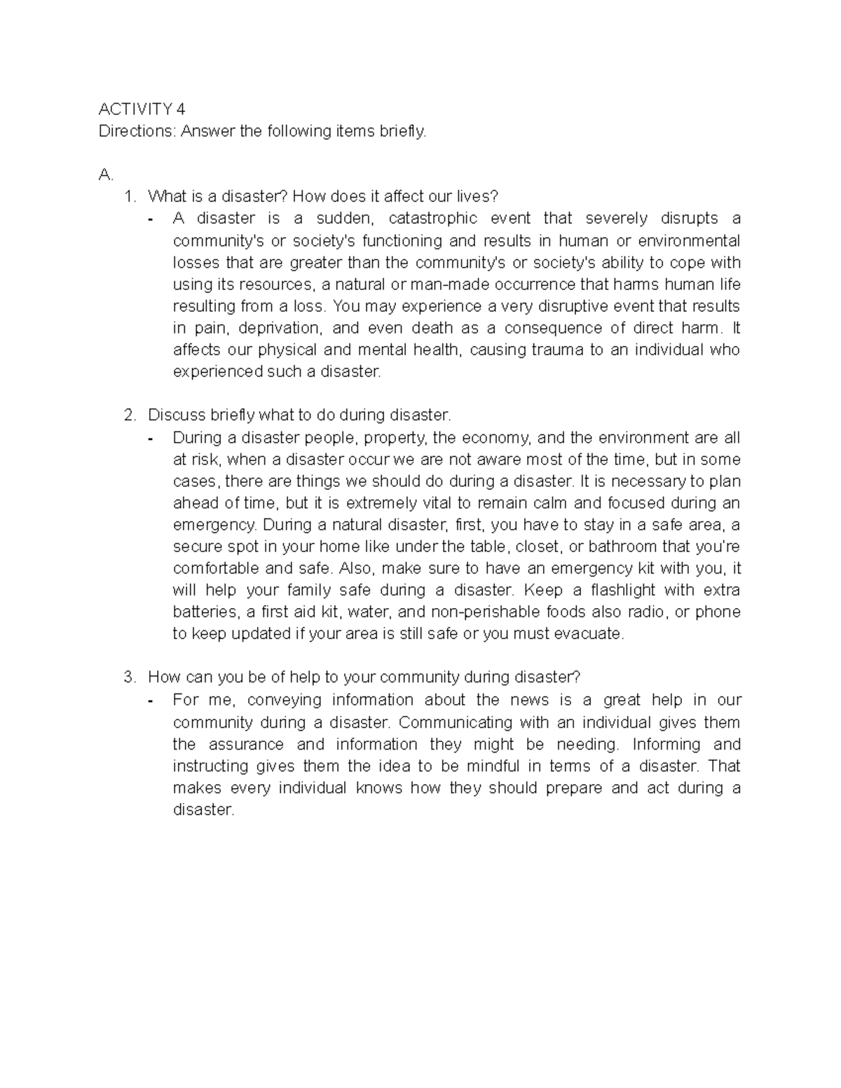 Disaster - lecture notes - ACTIVITY 4 Directions: Answer the following ...