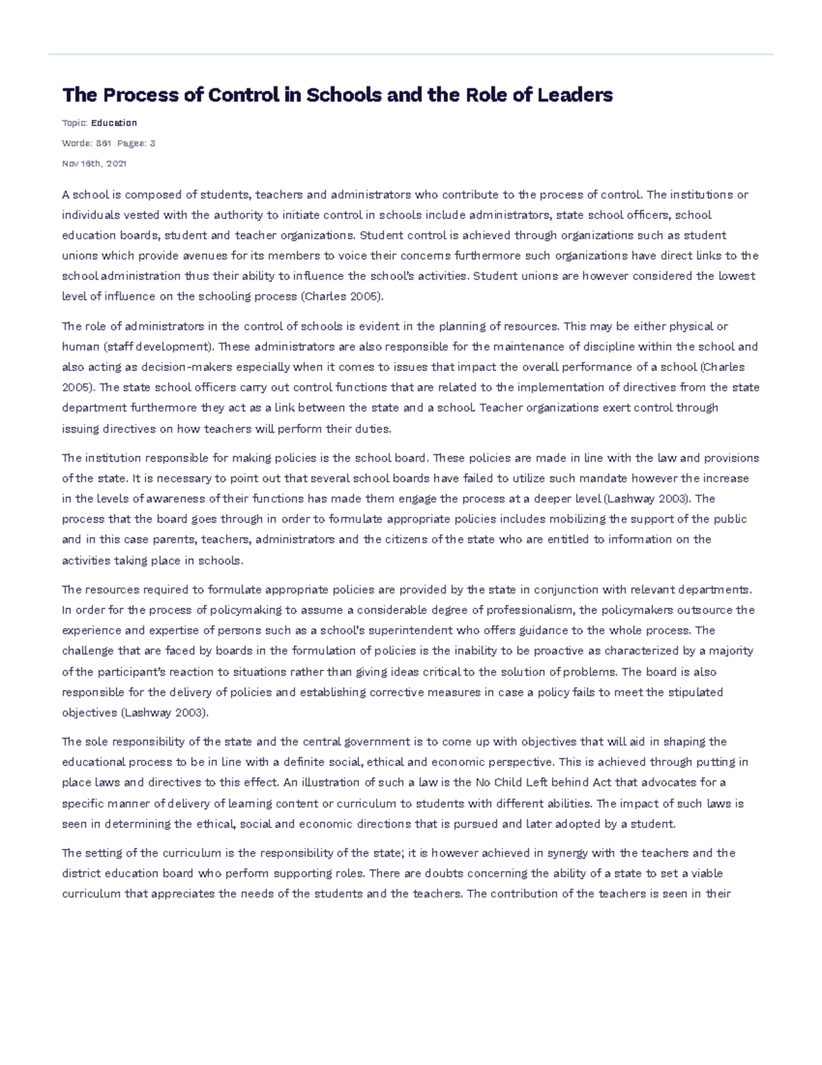 The Process of Control in Schools and the Role of Leaders Free Essay ...