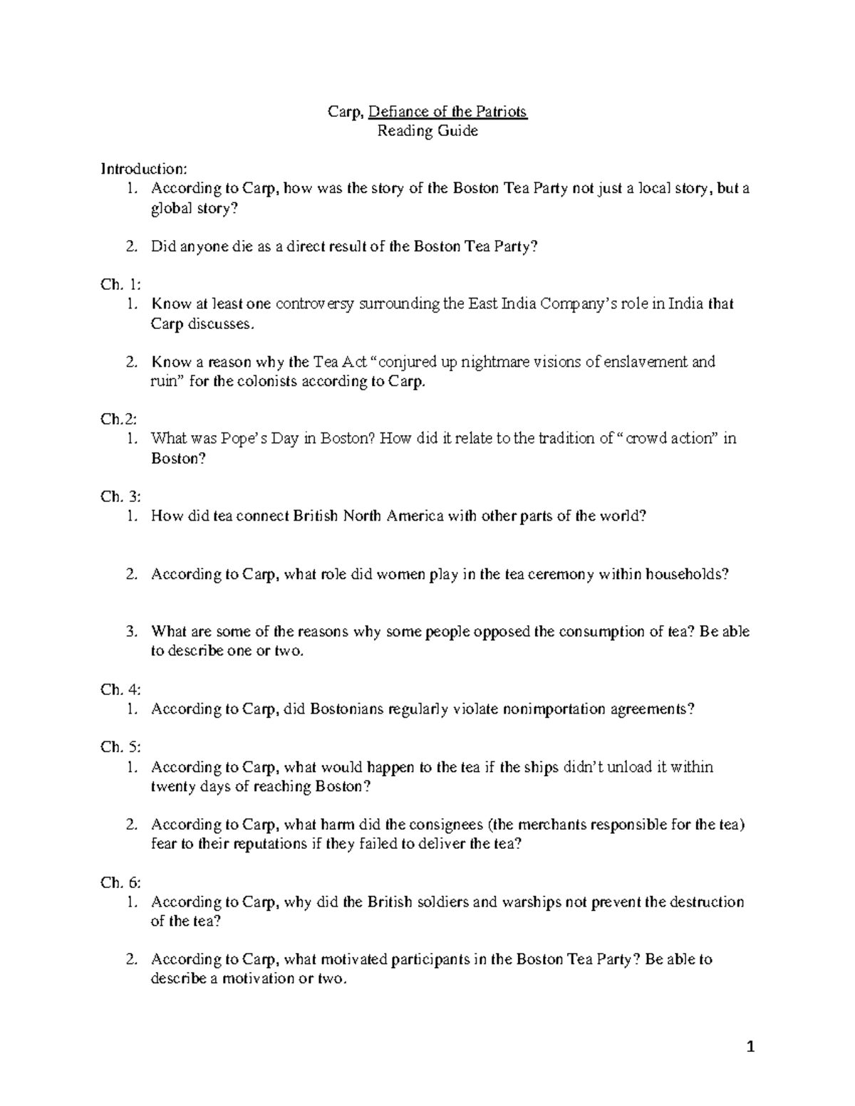 Carp, Defiance of the Patriots Reading Guide - 1 Carp, Defiance of the ...