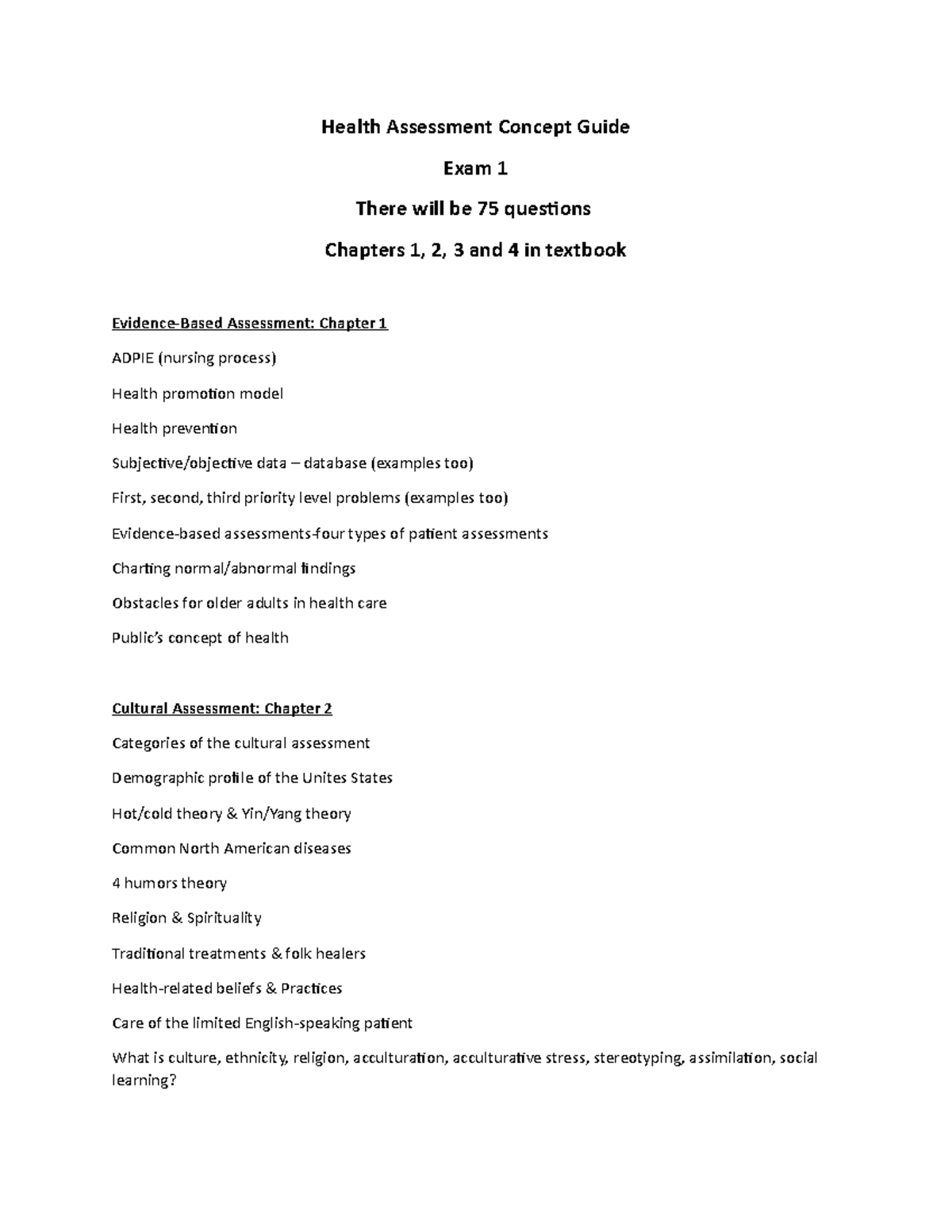 NUR2092 Health Assessment Concept Guide Exam 1 10 - Health Assessment ...
