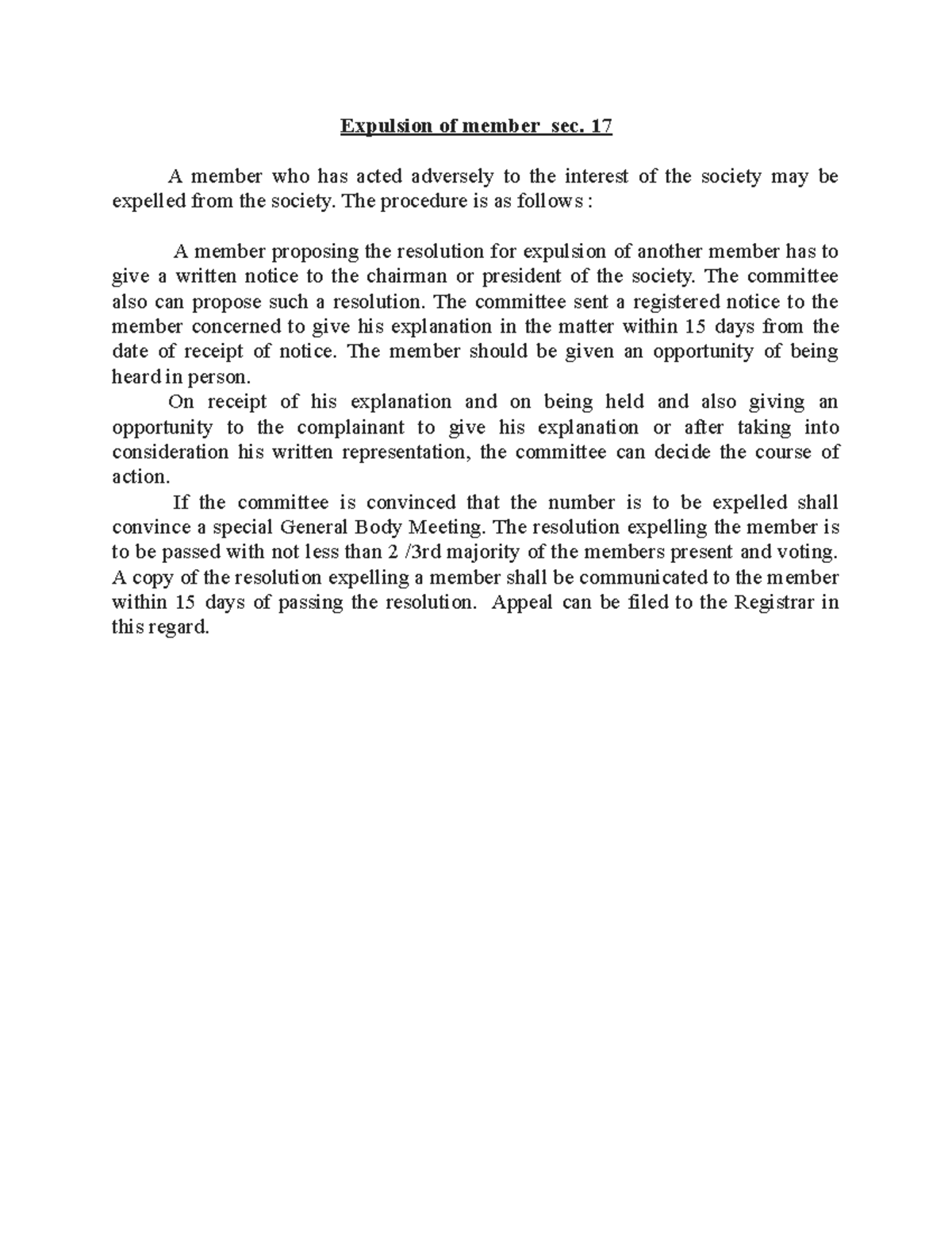 Expulsion of member - 5th semester cooperative law short notes ...