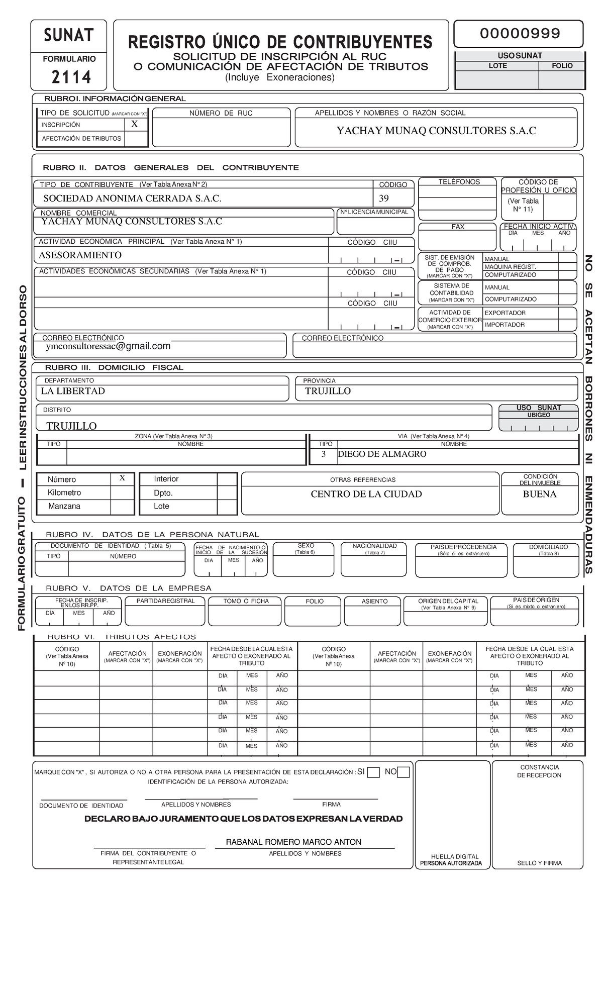 2119 - Formulario Inscripcion AL RUC - YACHAY MUNAQ CONSULTORES S.A ...
