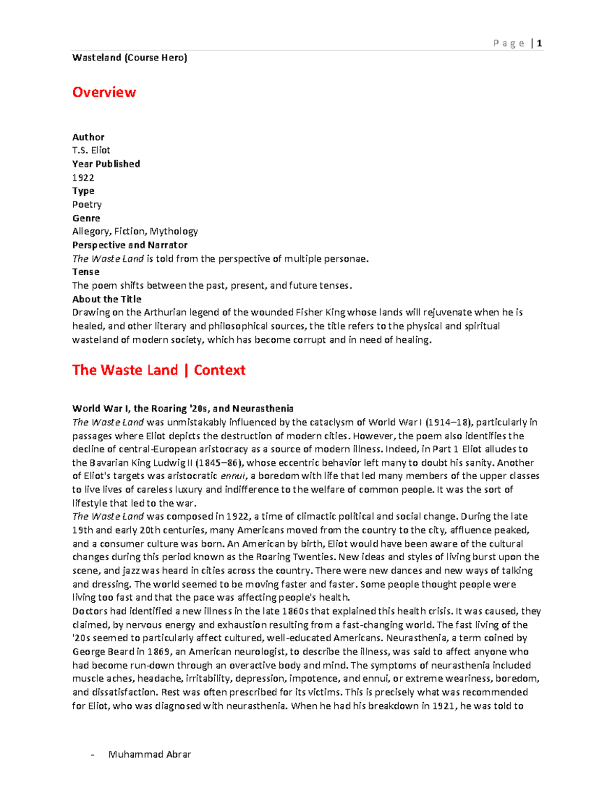 Wasteland Course hero - Modern Poetry - UOG - Studocu