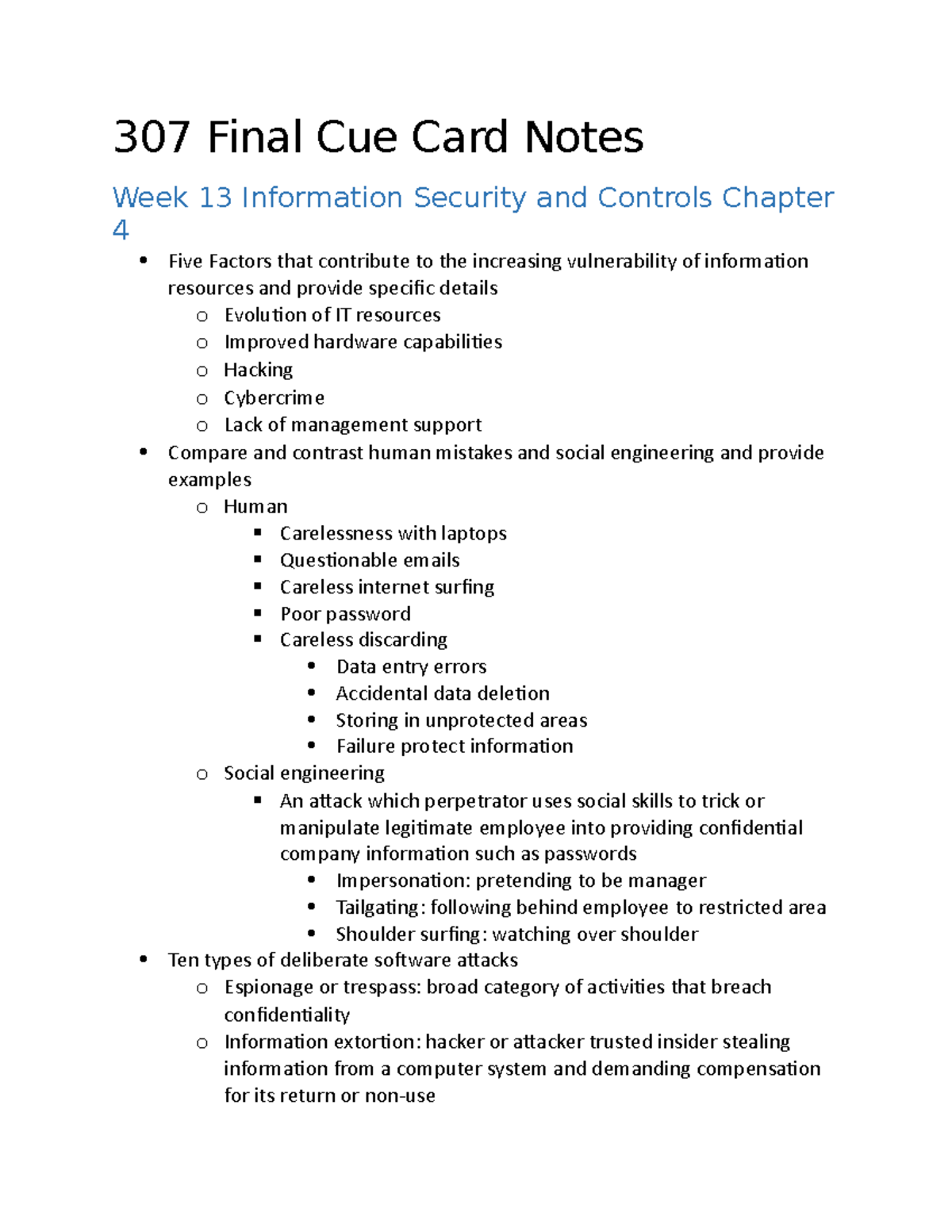 307 Final Cue Card Notes - 307 Final Cue Card Notes Week 13 Information ...