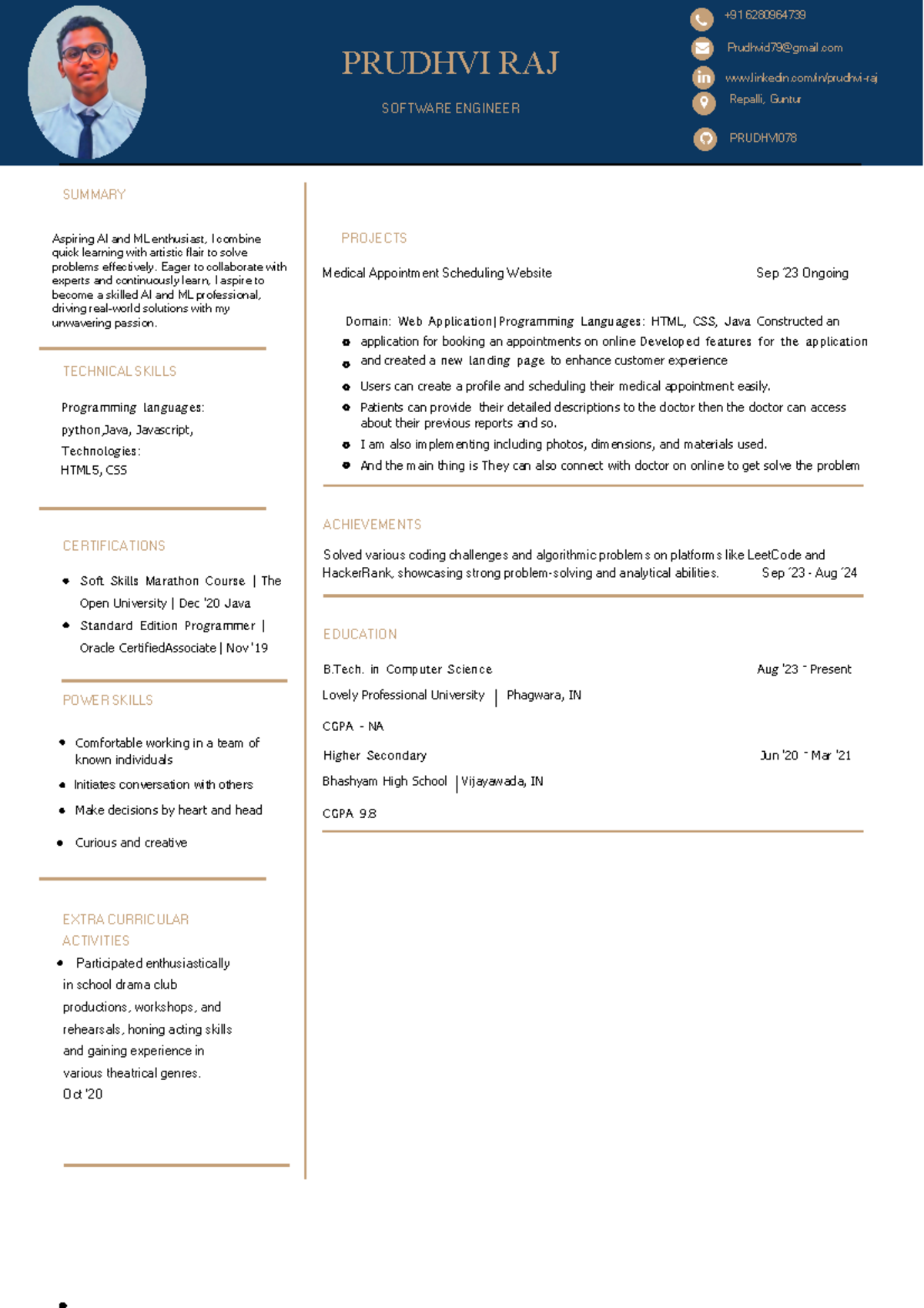 CV Prudhvi - PRUDHVI RAJ SOFTWARE ENGINEER SUMMARY Aspiring AI and ML ...