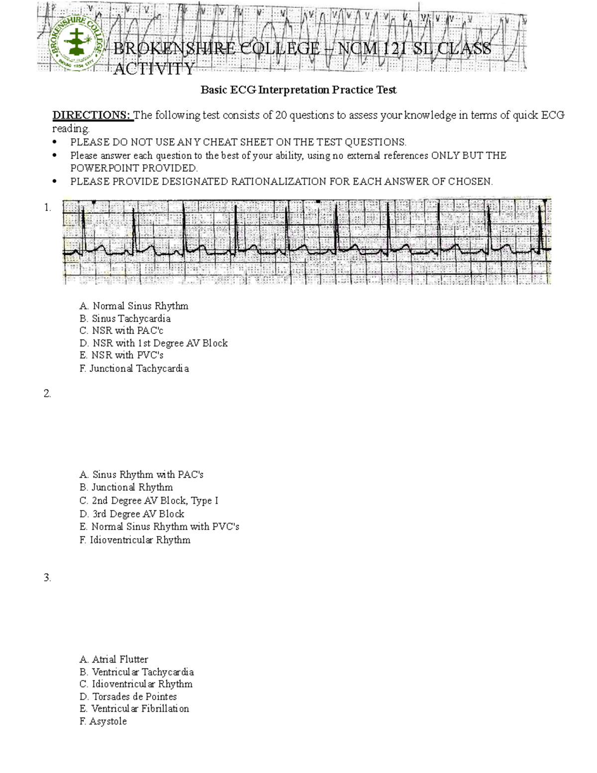 Basic ecg interpretation TEST - BROKENSHIRE COLLEGE – NCM 121 SL CLASS ...
