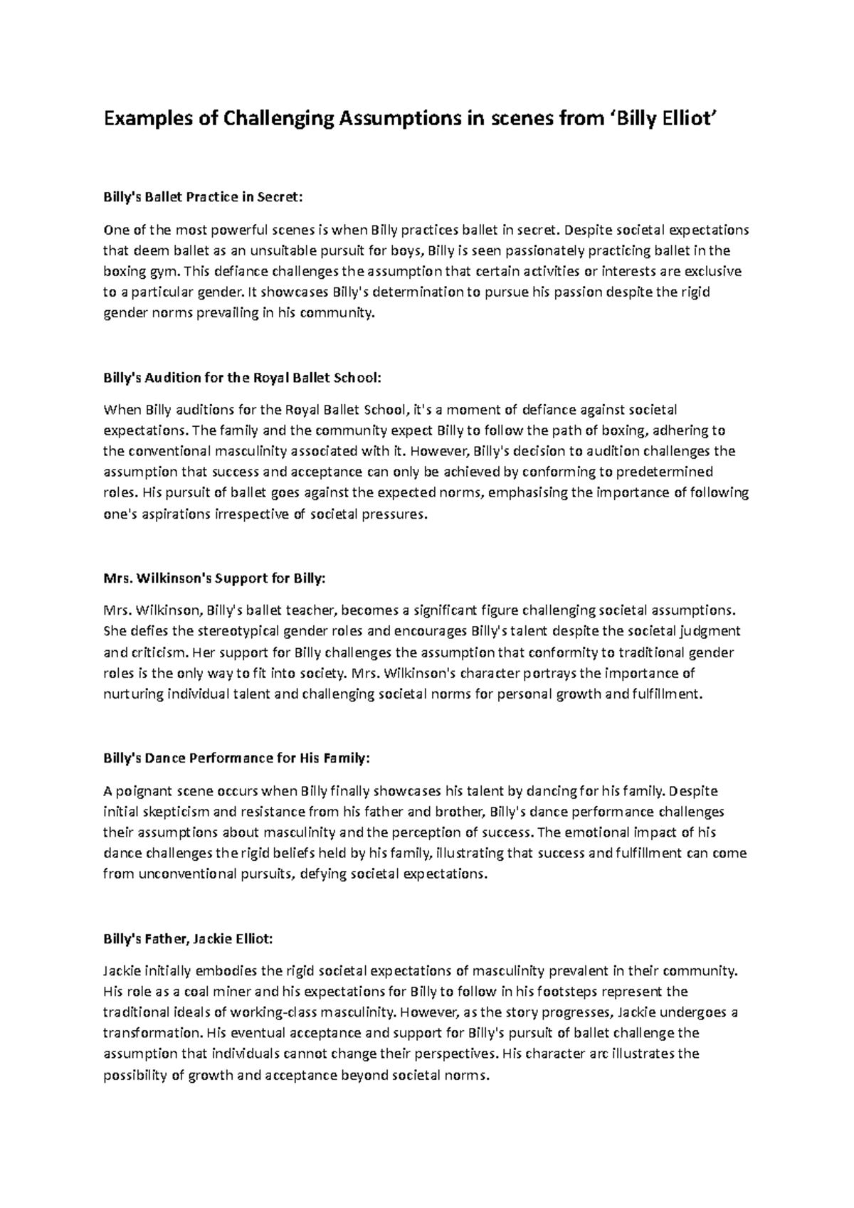 Billy Scenes and Example Essay - Examples of Challenging Assumptions in ...
