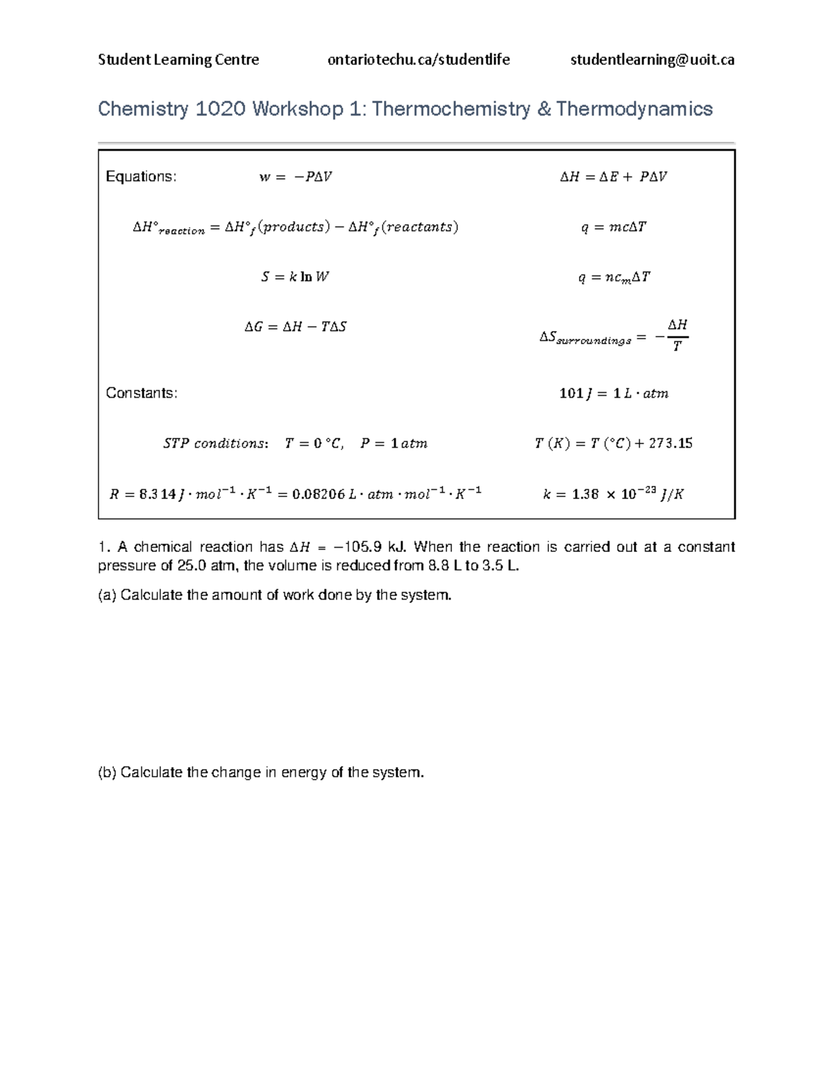 WS 1 Thermochemistry - Chemistry 1020 Workshop 1: Thermochemistry ...