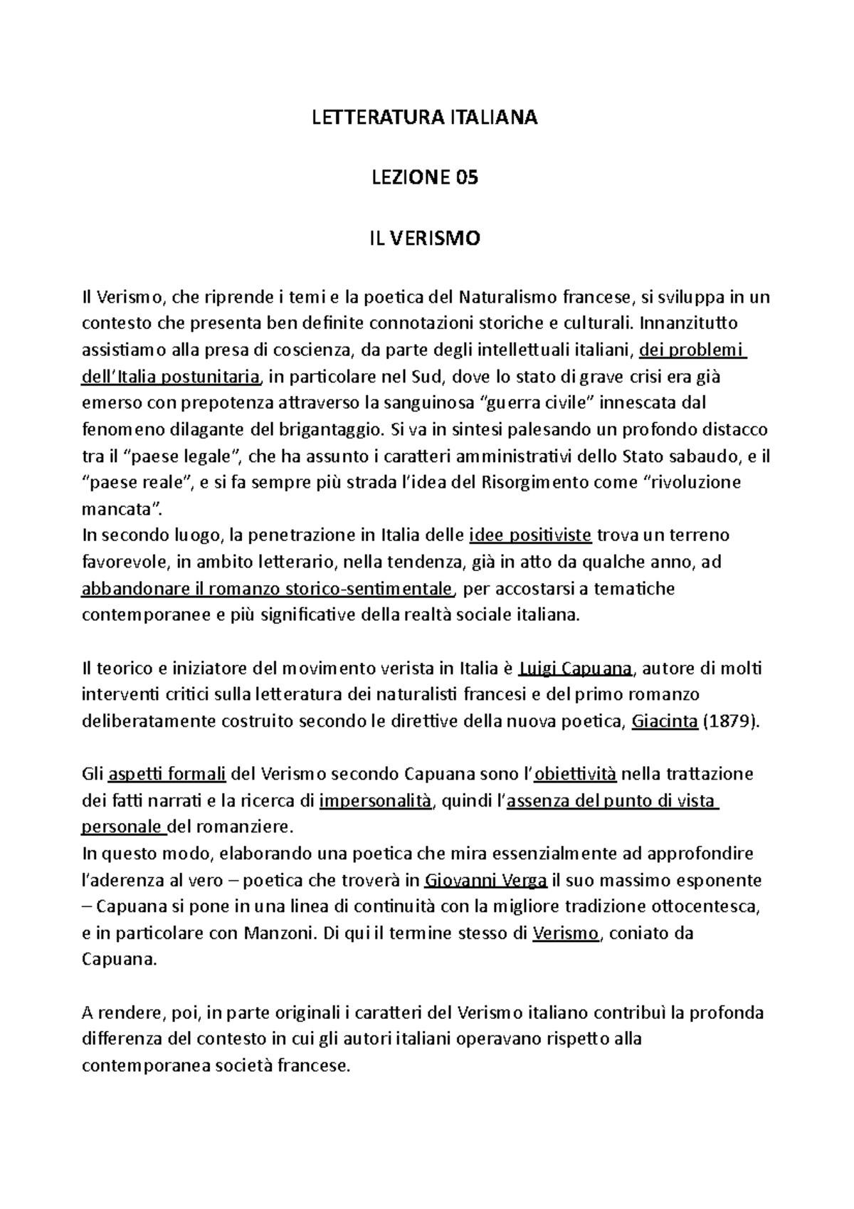 05 - Verismo - Appunti lezione - LETTERATURA ITALIANA LEZIONE 05 IL VERISMO Il Verismo, che ...
